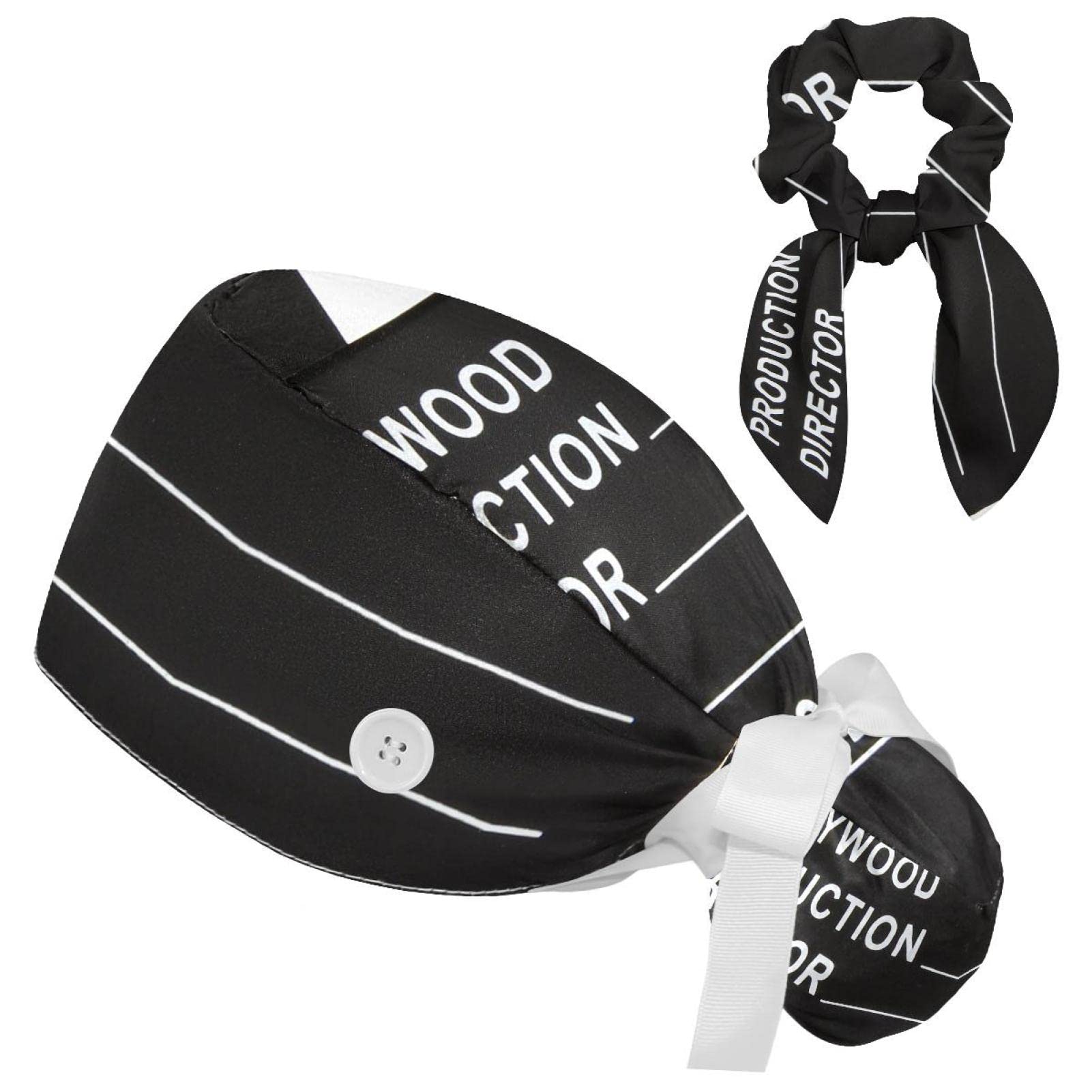 Nurse Scrub Caps Long Hair,Movie Cinema Lapper Board Adjustable Working Cap with Buttons and Bow Hair Scrunchie