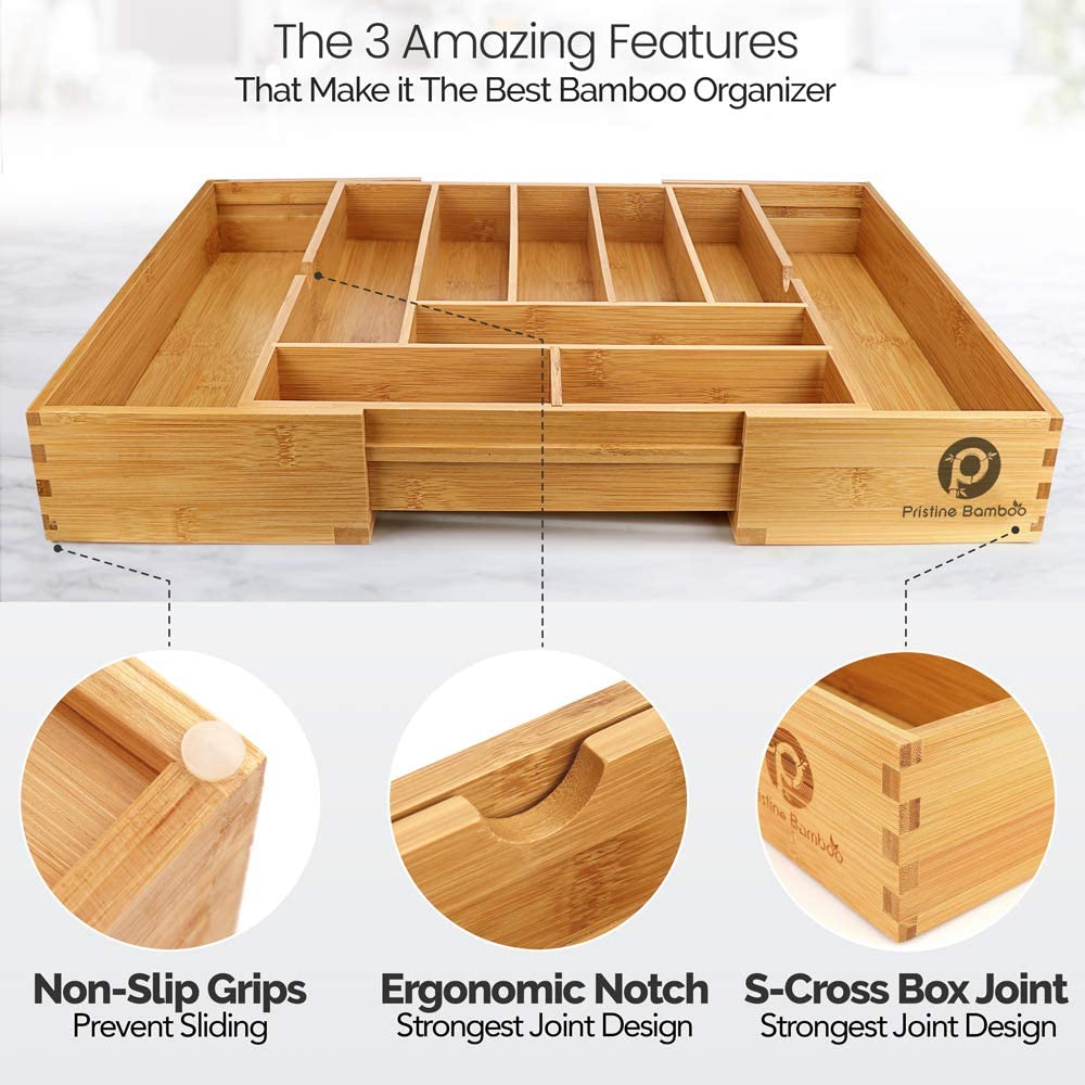 Pristine Bamboo Silverware Organizer– Utensil Organizer for Kitchen Drawers – Extra-Deep Wooden Kitchen Drawer Organizer (10 Slots, 5 Slots) Expandable and Fixed Organizers