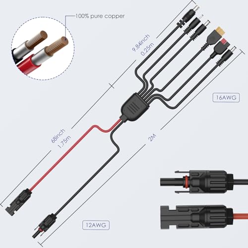 Solar Panel Connector 6 in 1, Solar Extension Cable MC4 Connector Kit XT60 Extension Cable, MC4 to XT60,Anderson and 4 DC Ports(DC7909,DC6530,DC5521,DC35135) Solar Connector Kit Outlet Splitter
