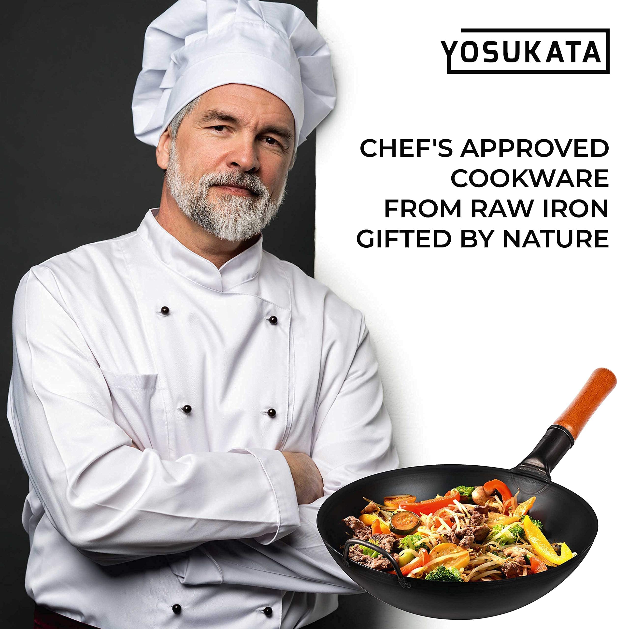 YOSUKATA Carbon Steel Wok Pan – 13,5 “ Woks and Stir Fry Pans 17’’ Wok Spatula and Ladle