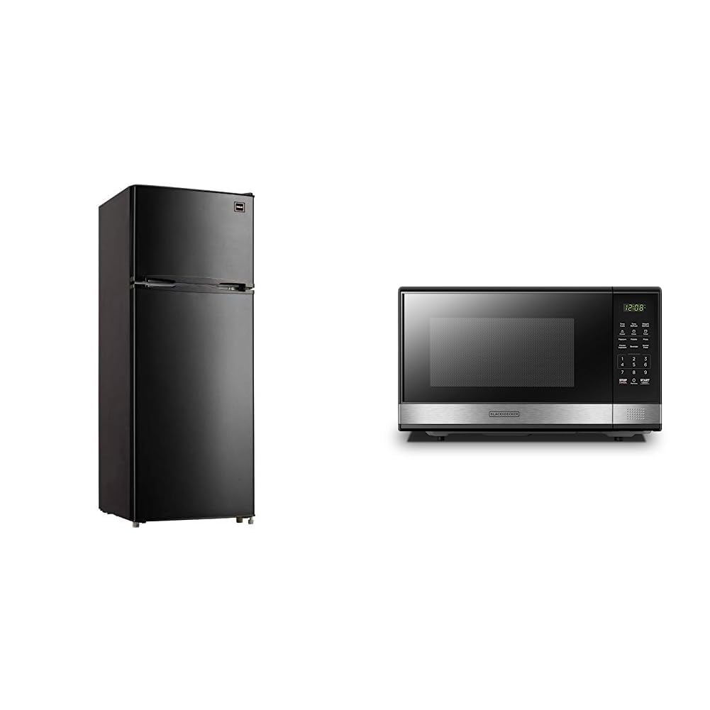 RCA RFR741-BLACK Apartment Size-Top Freezer-2 Door Fridge-Adjustable Thermostat Control-Black-7.5 Cubic Feet & BLACK+DECKER EM031MB11 Digital Microwave Oven with Turntable Push-Button Door