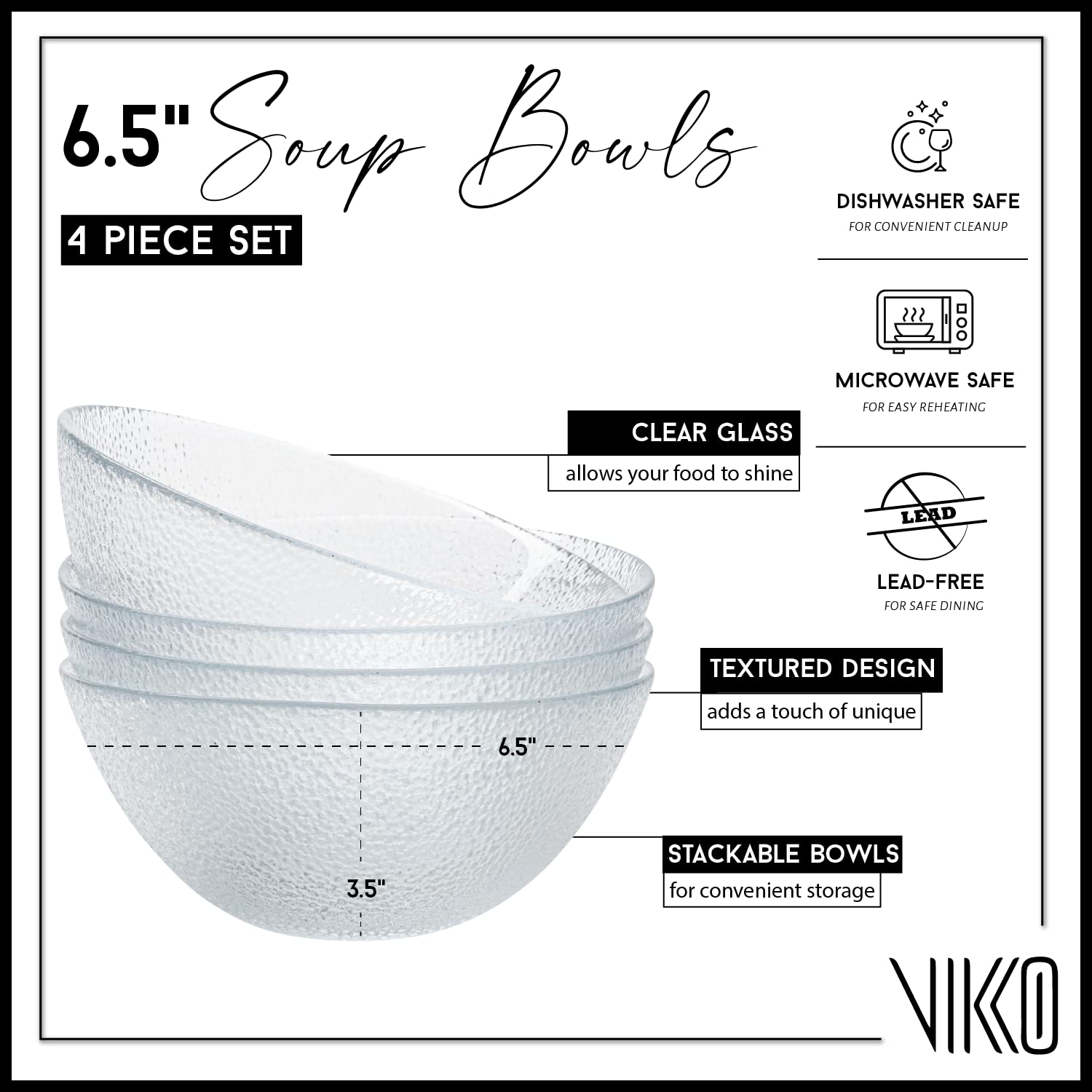 Vikko Soup Bowls, 6.5 Inch Salad Bowls, Glass Soup Bowls, Elegant Textured Glass Bowls, Set of 4, Dishwasher Safe