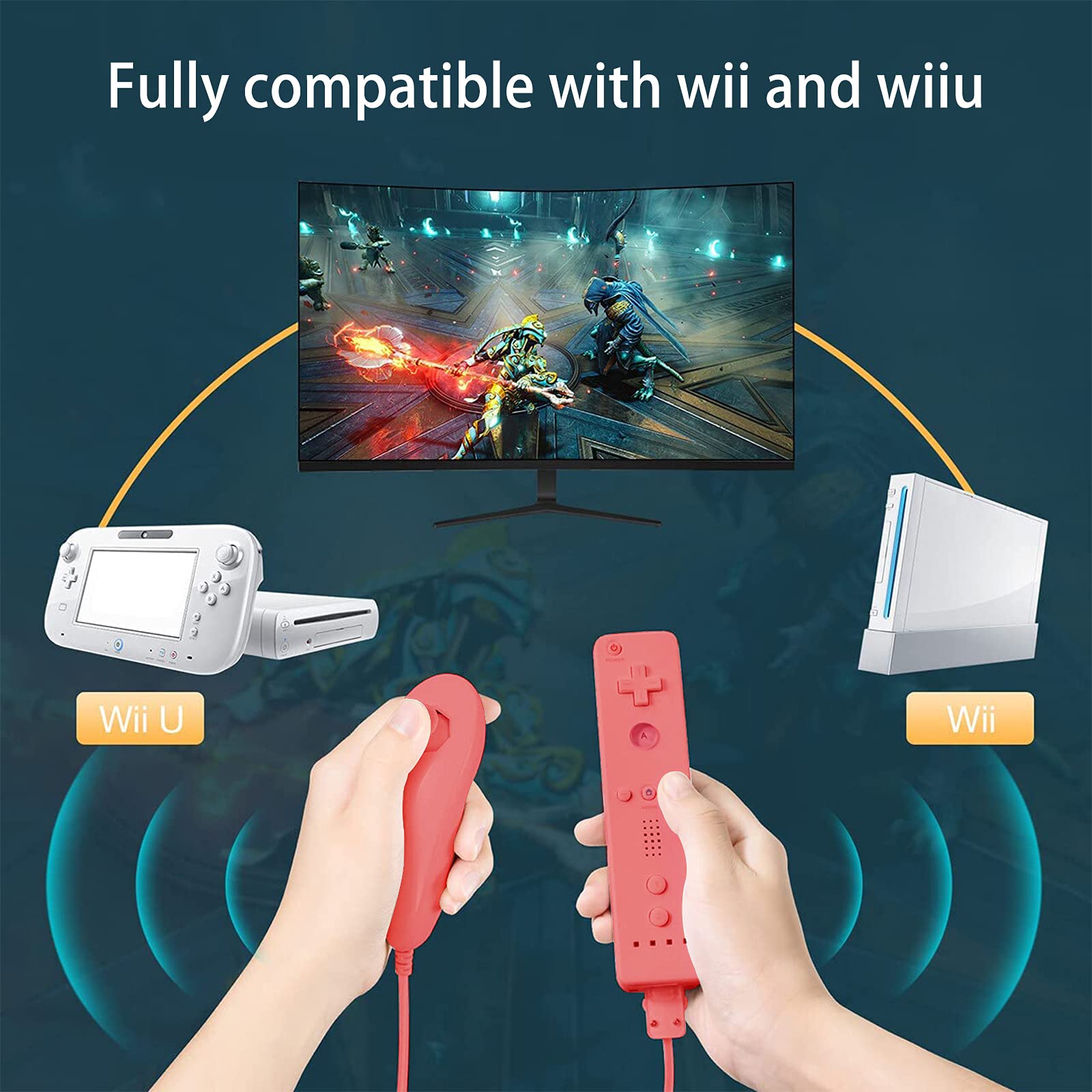 Remote Controller for Wii Nintendo, Vinklan Wii Remote and Nunchuck Controllers with Silicon Case for Wii and Wii U (Red Blue)