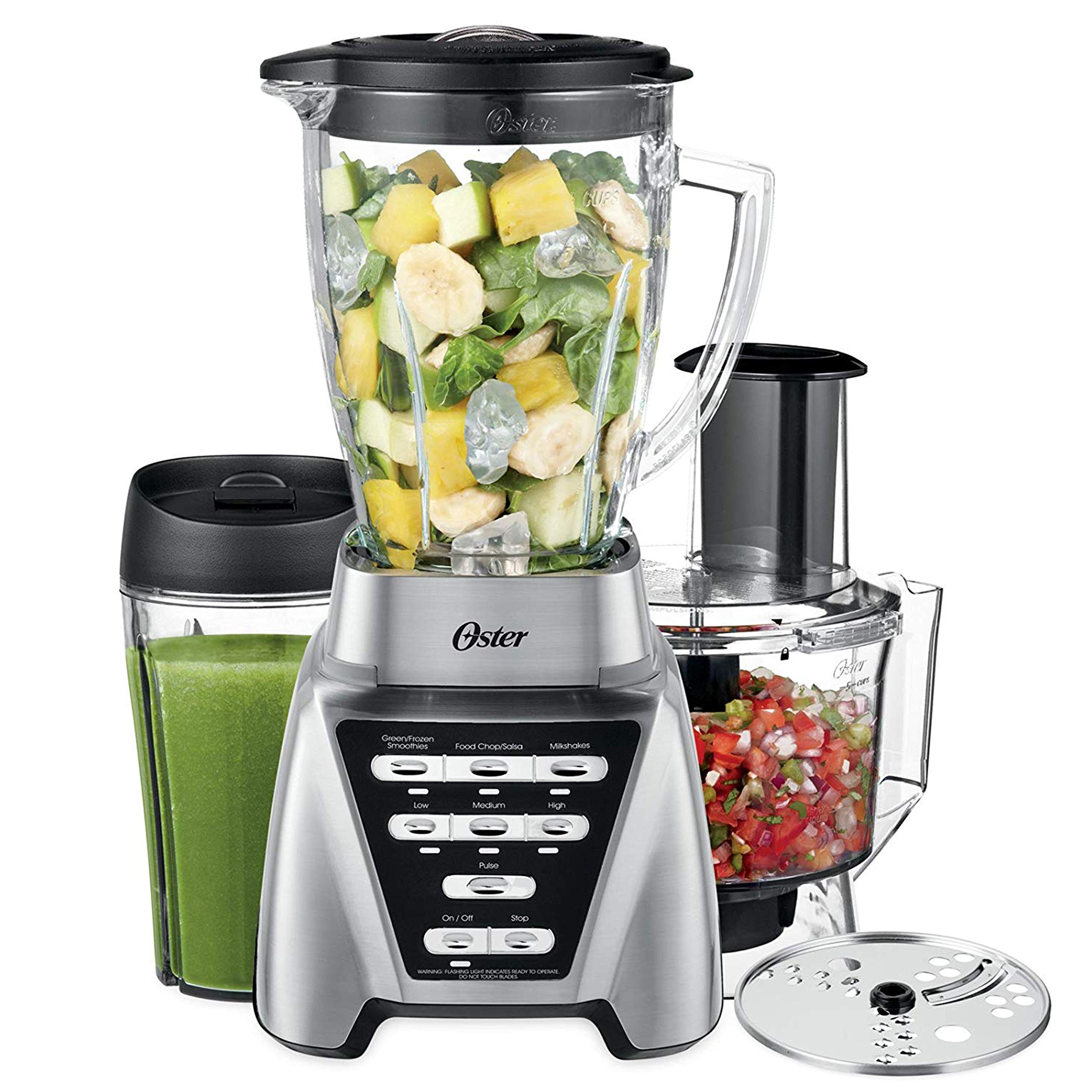 Oster Blender | Pro 1200 with Glass Jar, 24-Ounce Smoothie Cup and Food Processor Attachment, Brushed Nickel - BLSTMB-CBF-000 & 2-Slice Toaster with Advanced Toast Technology, Stainless Steel