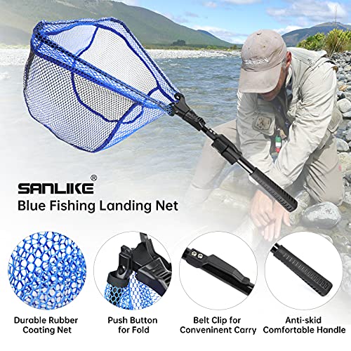 SANLIKE Fishing Landing Net Blue Extend to 43 in with Telescoping Pole Handle, Fiberglass Landing Net for Easy Catch Release,Rubber Coated Landing Net for Easy Catch Release