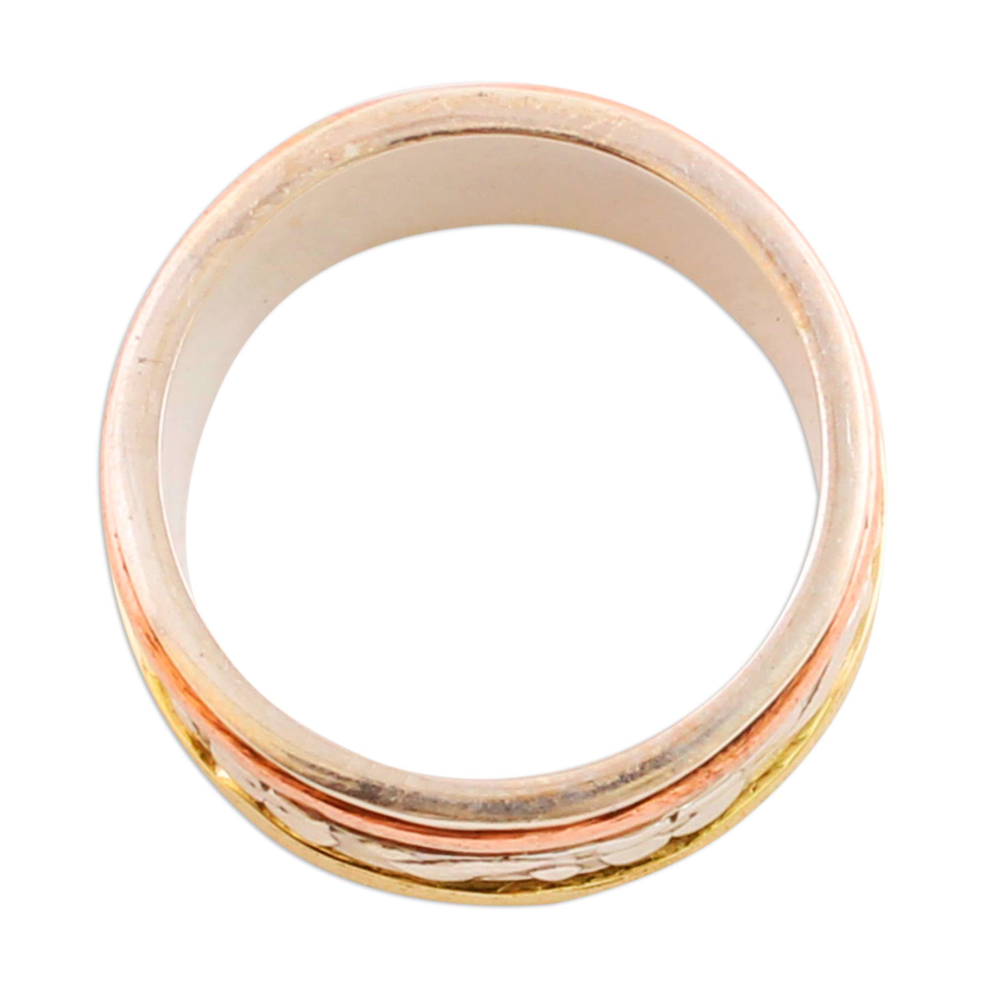 NOVICA Artisan Handmade Sterling Silver Meditation Spinner Ring Copper Brass Indian Floral No Stone [band Width 10 mm W] ' Floral Sheen'