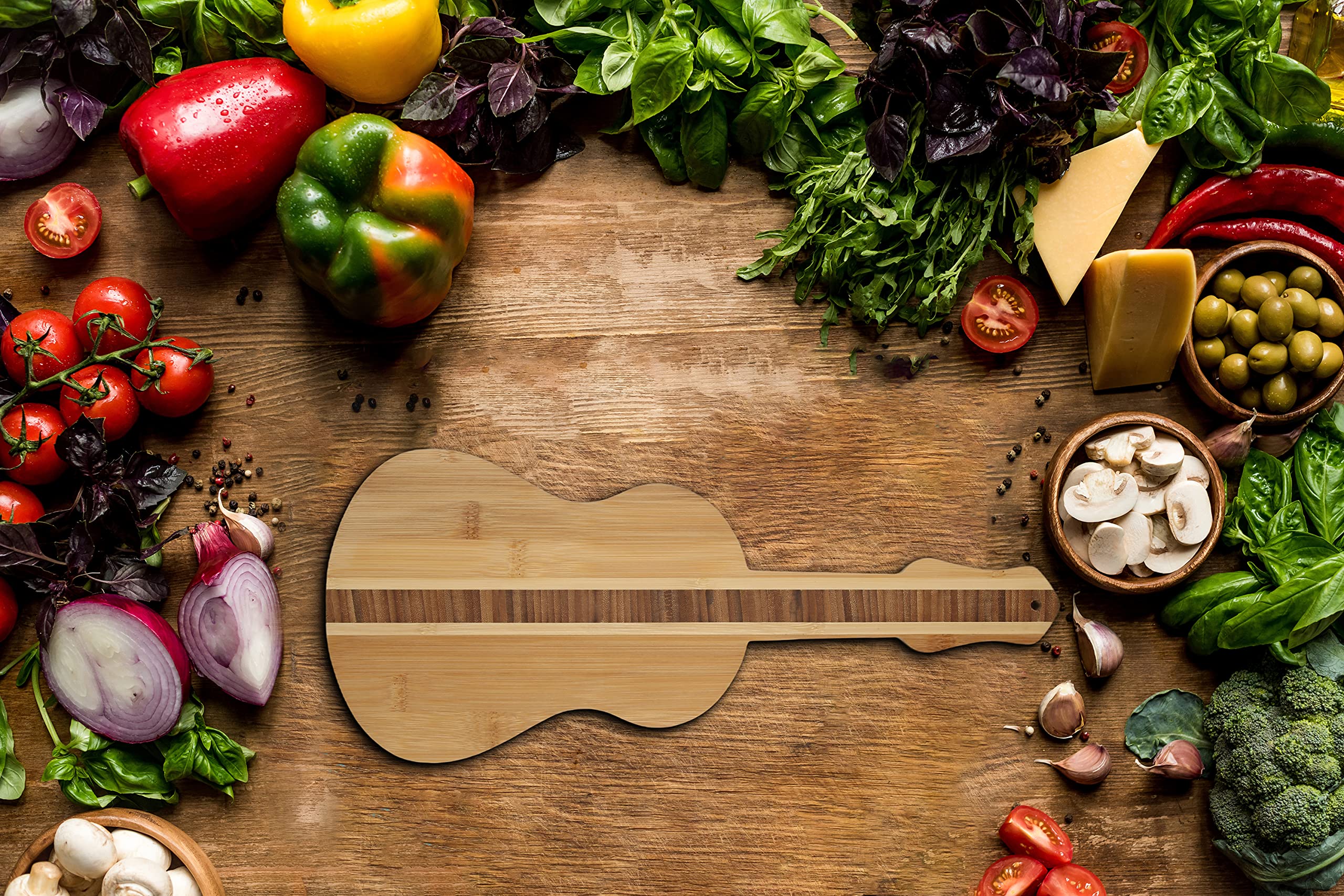 Vastigo Guitar Shaped Bamboo 7” x 17” Serving and Cutting Board – Music Inspired Kitchenware: Perfect for Serving Appetizers, Cheeses, Charcuterie and More