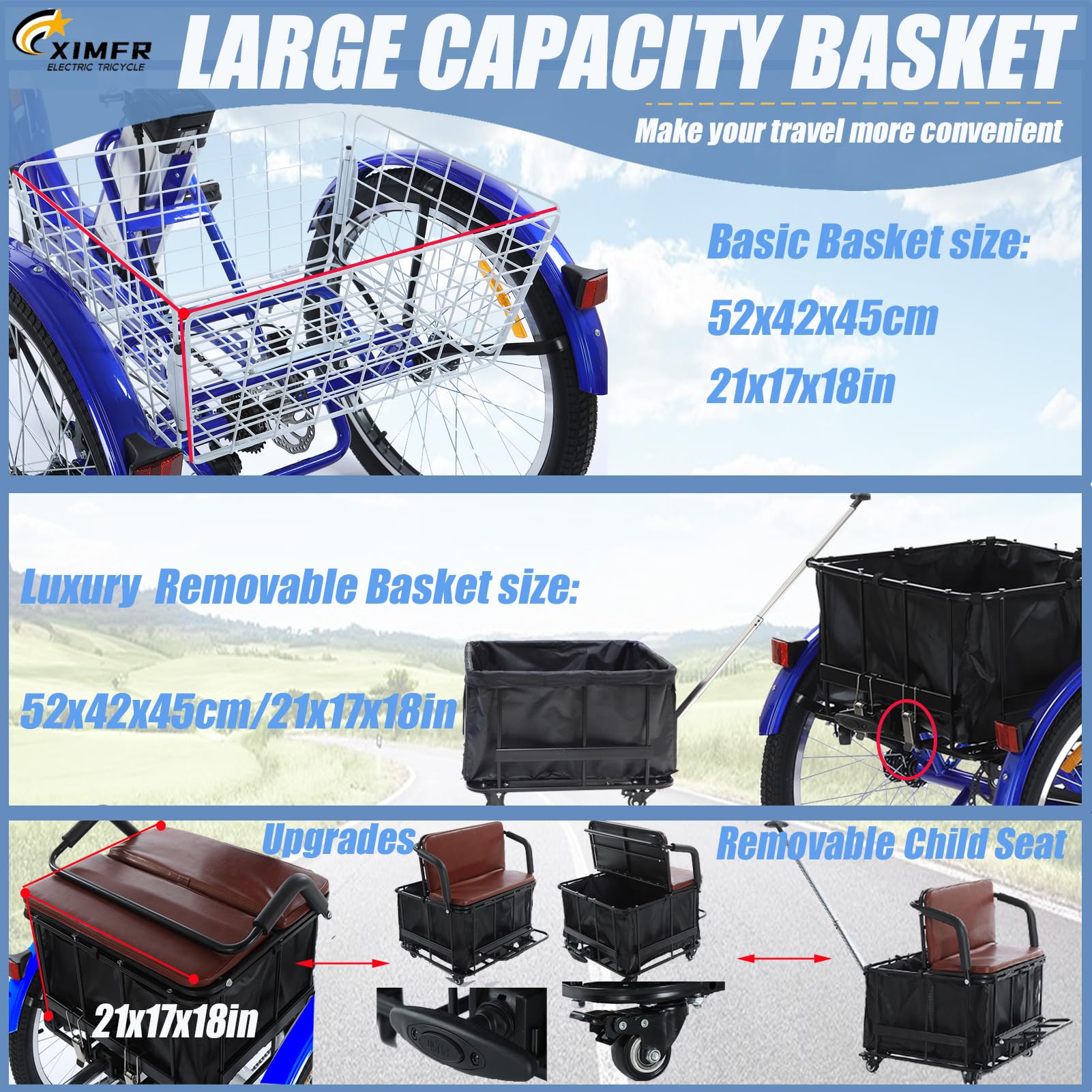 XIMFR 3 Wheel Electric Bicycle 24 Inches Tricycle Bikes Trikes for Adults with Fixed Basket to Use for Shopping Trips(Motor:350W Removable Lithium Battery:48V 13Ah)