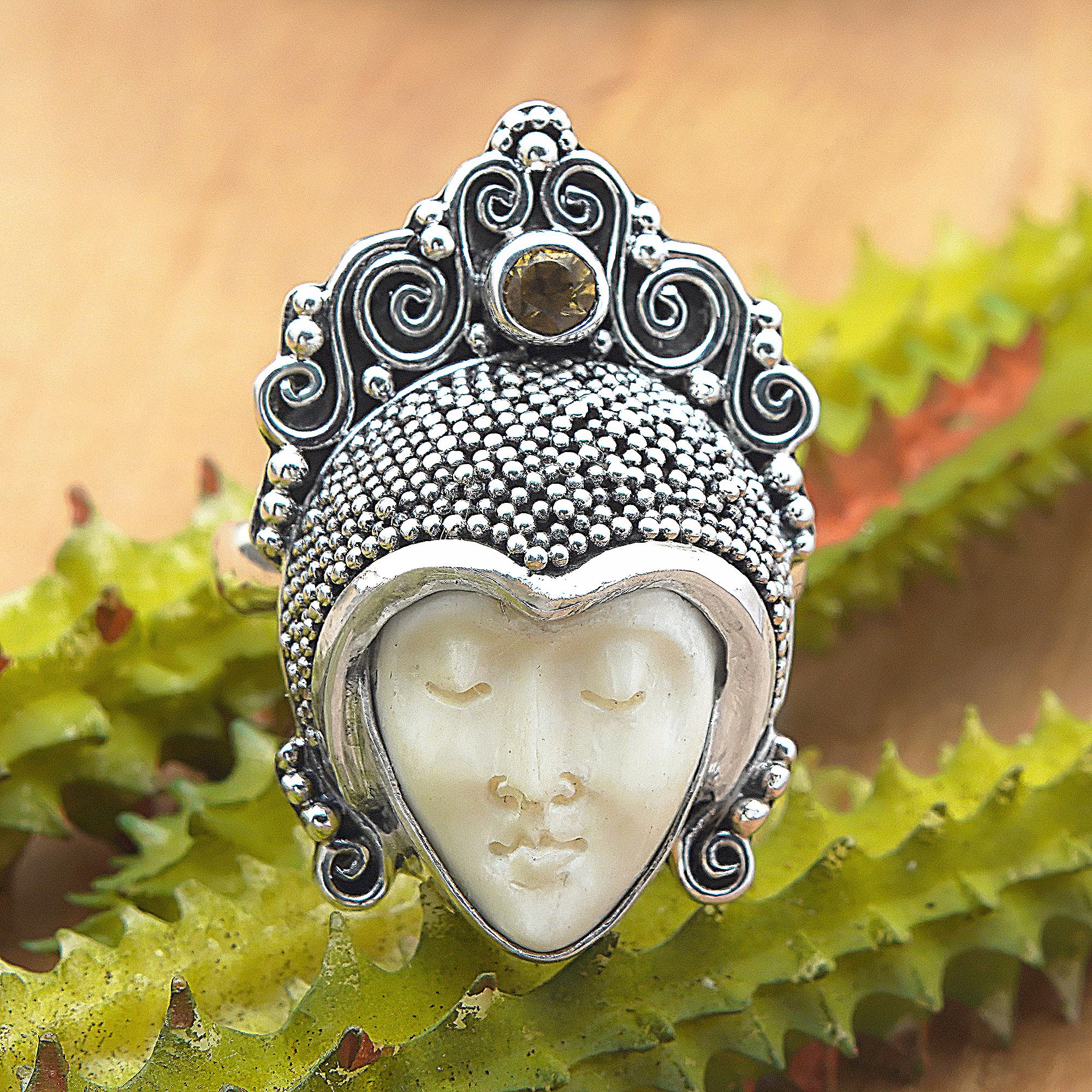 NOVICA Artisan Handmade Citrine Cocktail Ring Cow Bone Silver Sterling Yellow Indonesia Birthstone [crownbezel 1.1 in L x 0.7 in W Band Width 3 mm W] ' Sleeping Prince'