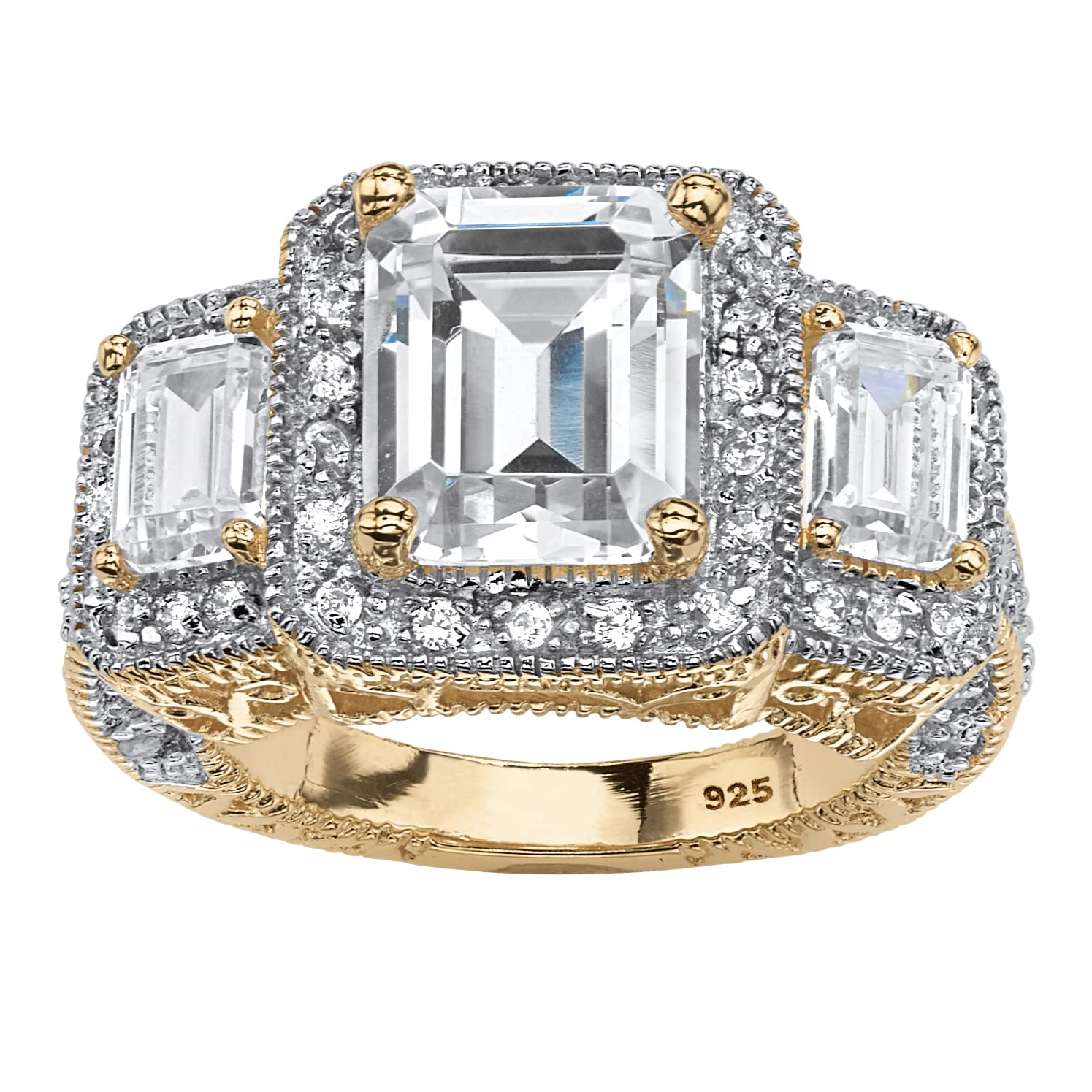 PalmBeach Jewelry Yellow Gold-plated Sterling Silver Emerald Cut Cubic Zirconia 3-Stone Bridal Ring Sizes 6-10 Size 9