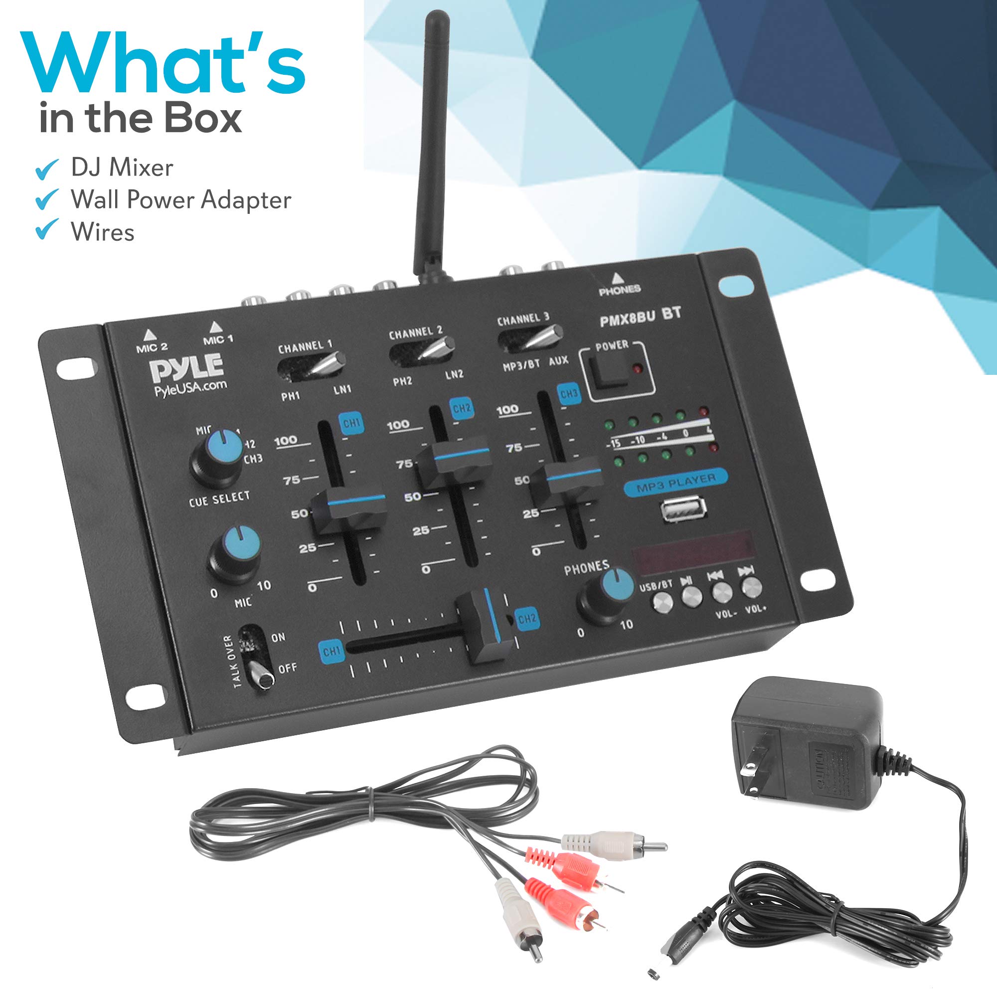 Pyle Wireless DJ Audio Mixer - 3 Channel Bluetooth Compatible DJ Controller Sound Mixer, Mic-Talkover, USB Reader, Dual RCA Phono/Line In, Microphone Input, Headphone Jack - Pyle PMX8BU,Black
