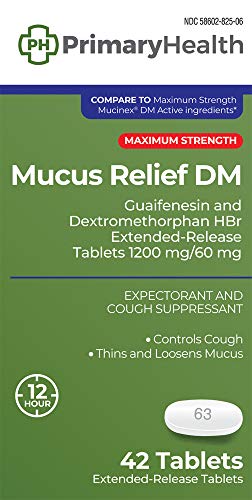 Primary Health Mucus Relief DM Maximum Strength Dextromethorphan 60mg, Guaifenesin 1200mg, Extended-Release Tablets, 42Count