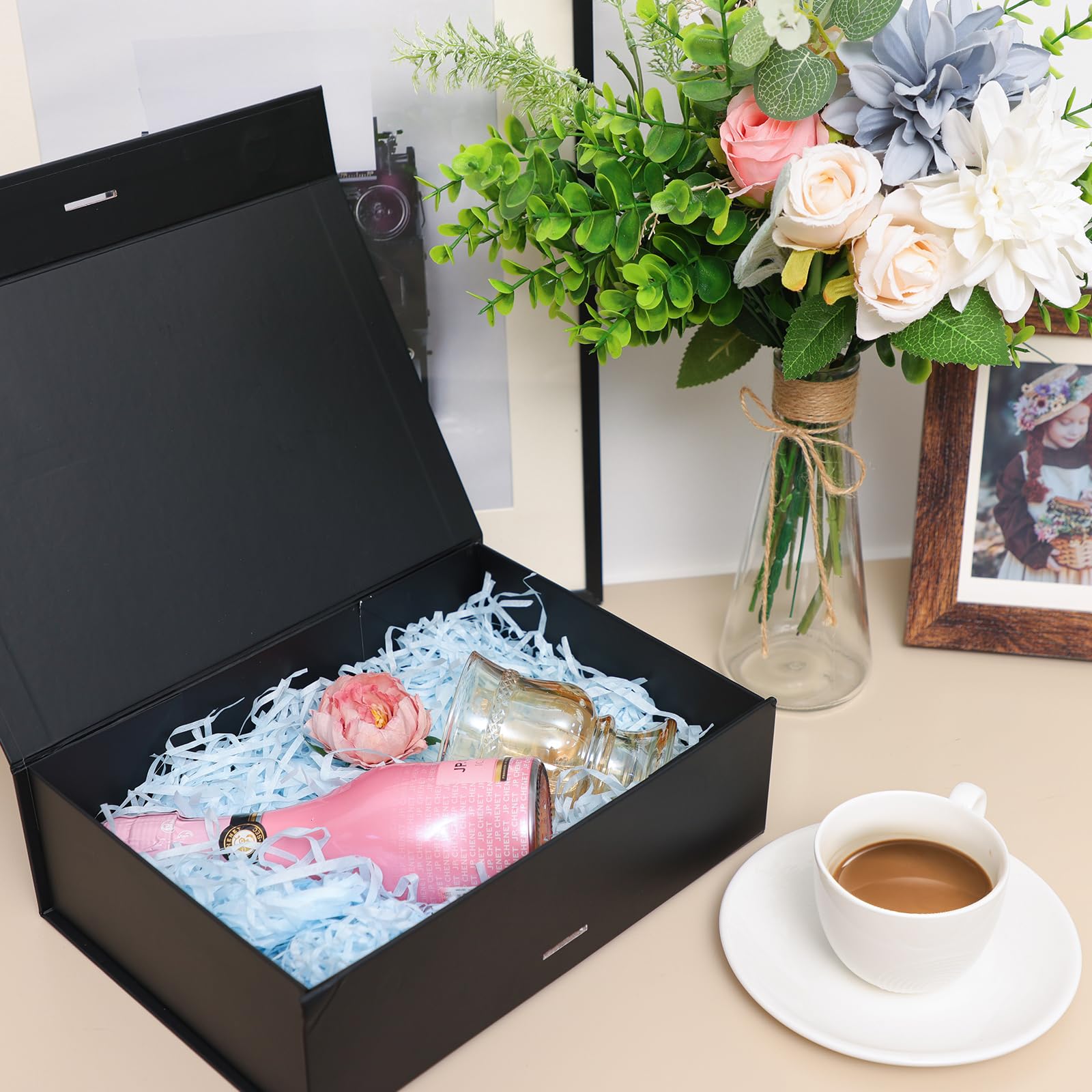 Moretoes Gift Box with Lid for Presents, 10.5x7.5x3.1 Inches Black Gift Box with Ribbon and Magnetic Closure for Valentine's Day, Mother's Day, Holidays, Birthdays