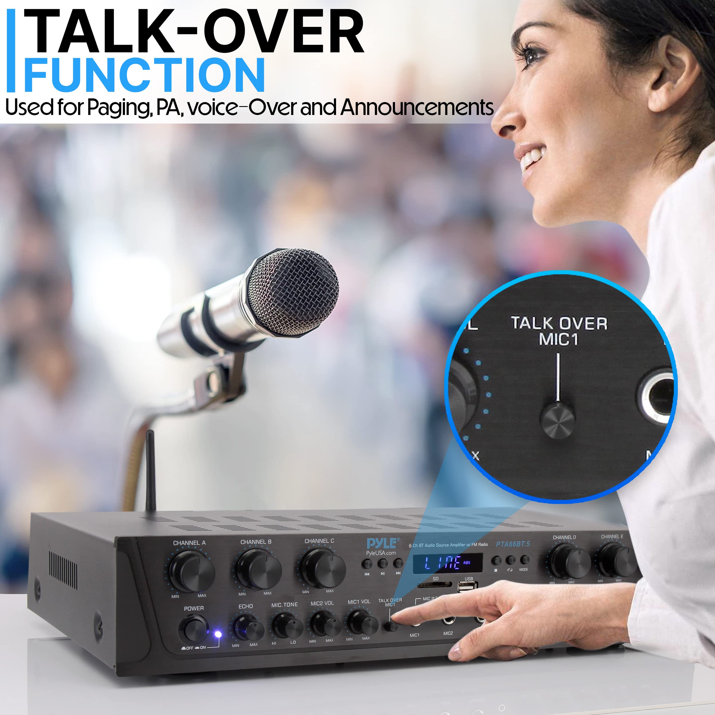 Pyle Wireless Home Audio Amplifier System-Bluetooth Compatible Sound Stereo Receiver Amp - 6 Channel 600Watt Power, Digital LCD, Headphone Jack, 1/4'' Microphone in USB SD AUX RCA FM Radio-PTA66BT.5