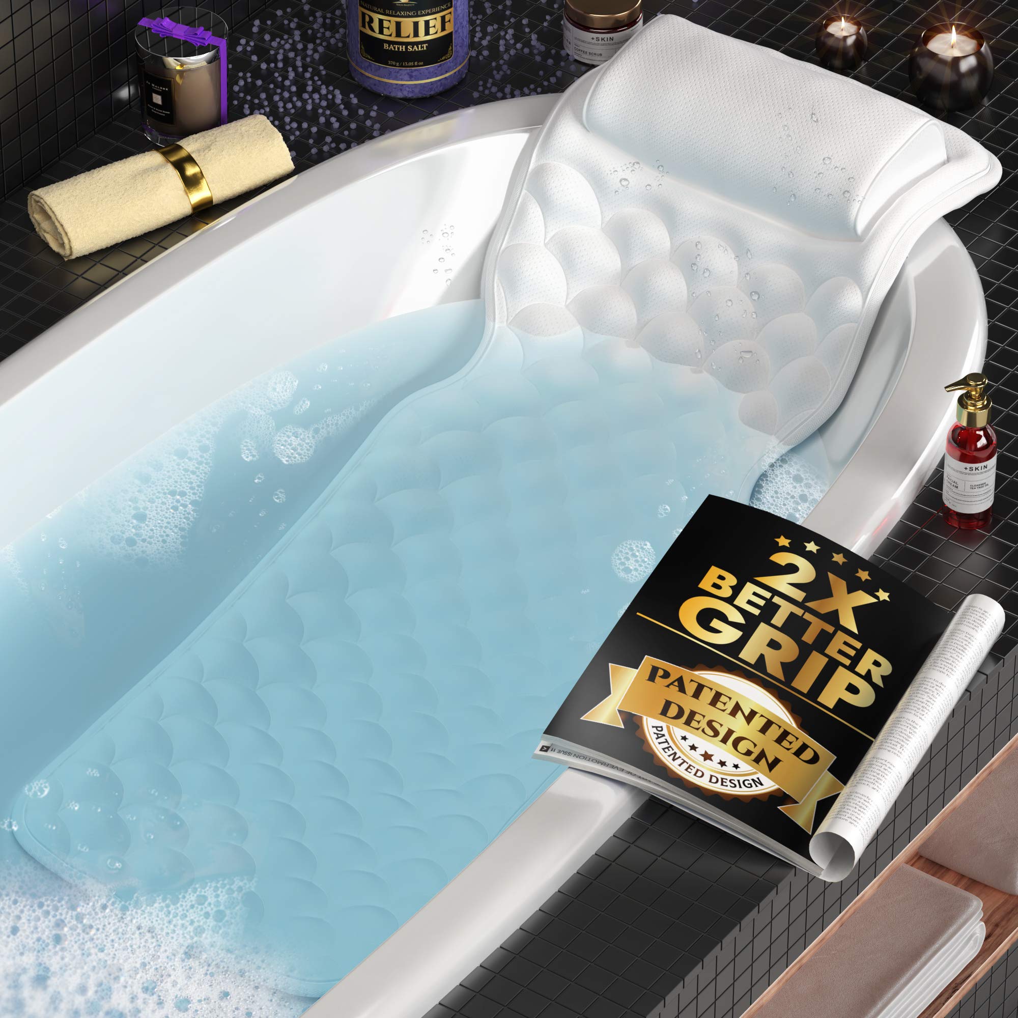 Premium Full Body Bath Pillow For Tub [22 Anti-Slip Suction Cups], Extra Soft Neck and Back Support to Relax and Unwind, QuickDry Fabric, Cooling Effect, Durable, Cushioned | With Machine Washable Bag