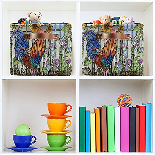 TropicalLife Rectangular Storage Bin Cube Animal Rooster Foldable Organizer Basket with Handles, Sunflower Floral Farm Collapsible Storage Box for Kids Toy Shelf Closet Nursery