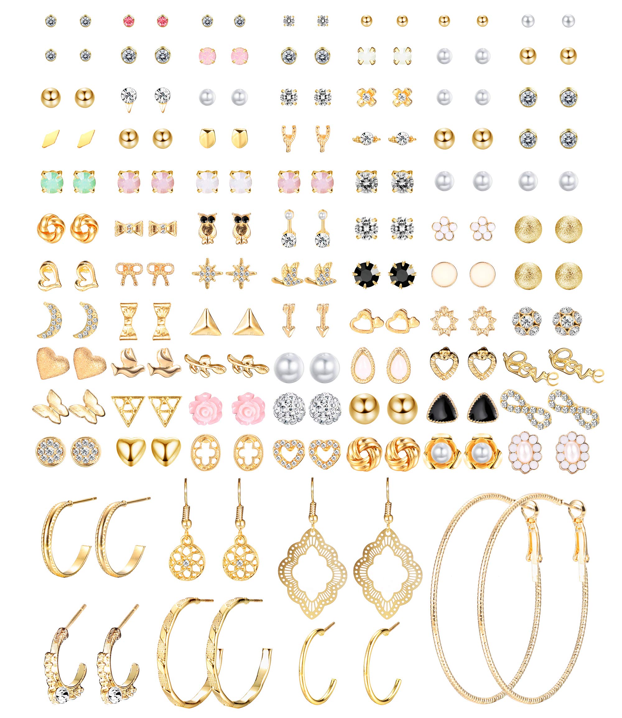SAILIMUE 84 Pairs Assorted Multiple Stud Earrings Hoop Set Dangle Cute Hypoallergenic CZ Bow Butterfly Flower Leaf Ball Simple Drop Earrings Stud for Women Pack