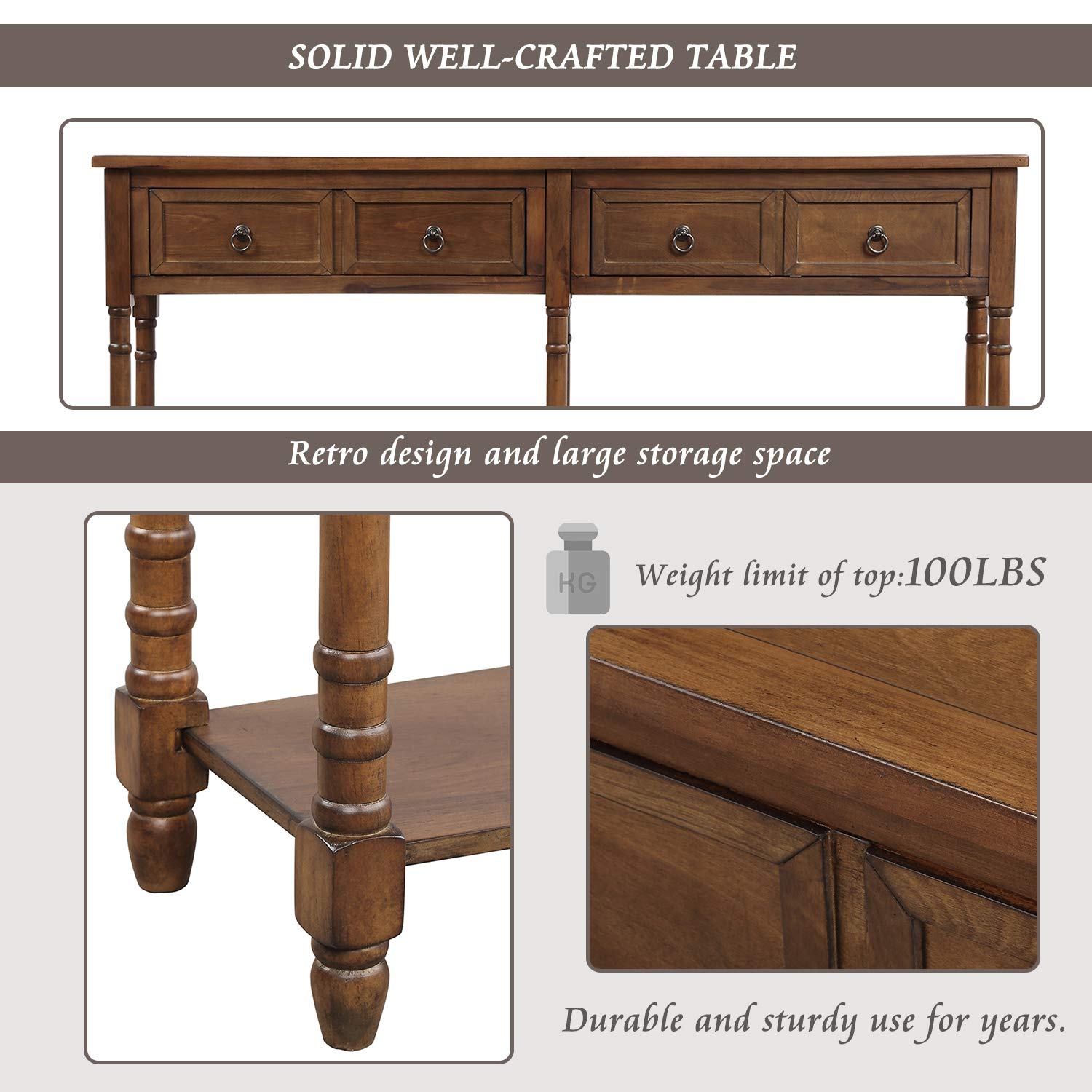 Solid Wood Console Table Sideboard with Drawers & Botton Storage Shelf, Modern Rectangular Sofa Table for Entryway Hallway Living Room, Rustic Narrow Entryway Table End Table for Home Office (Walnut)