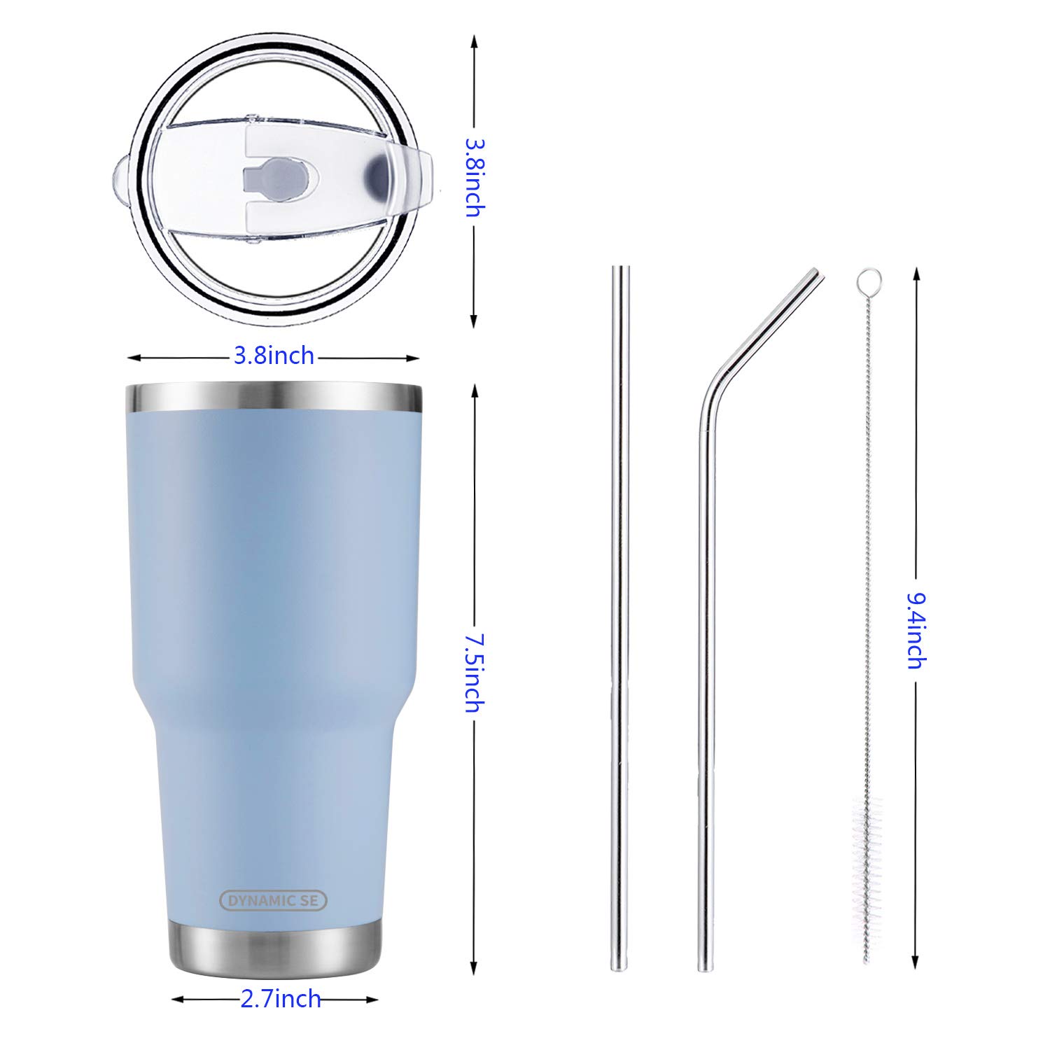 Product Image 30oz Blue Tumbler Stainless Steel Double Wall Vacuum Insulated Mug with Straw and Lid, Cleaning Brush for Cold and Hot Beverages