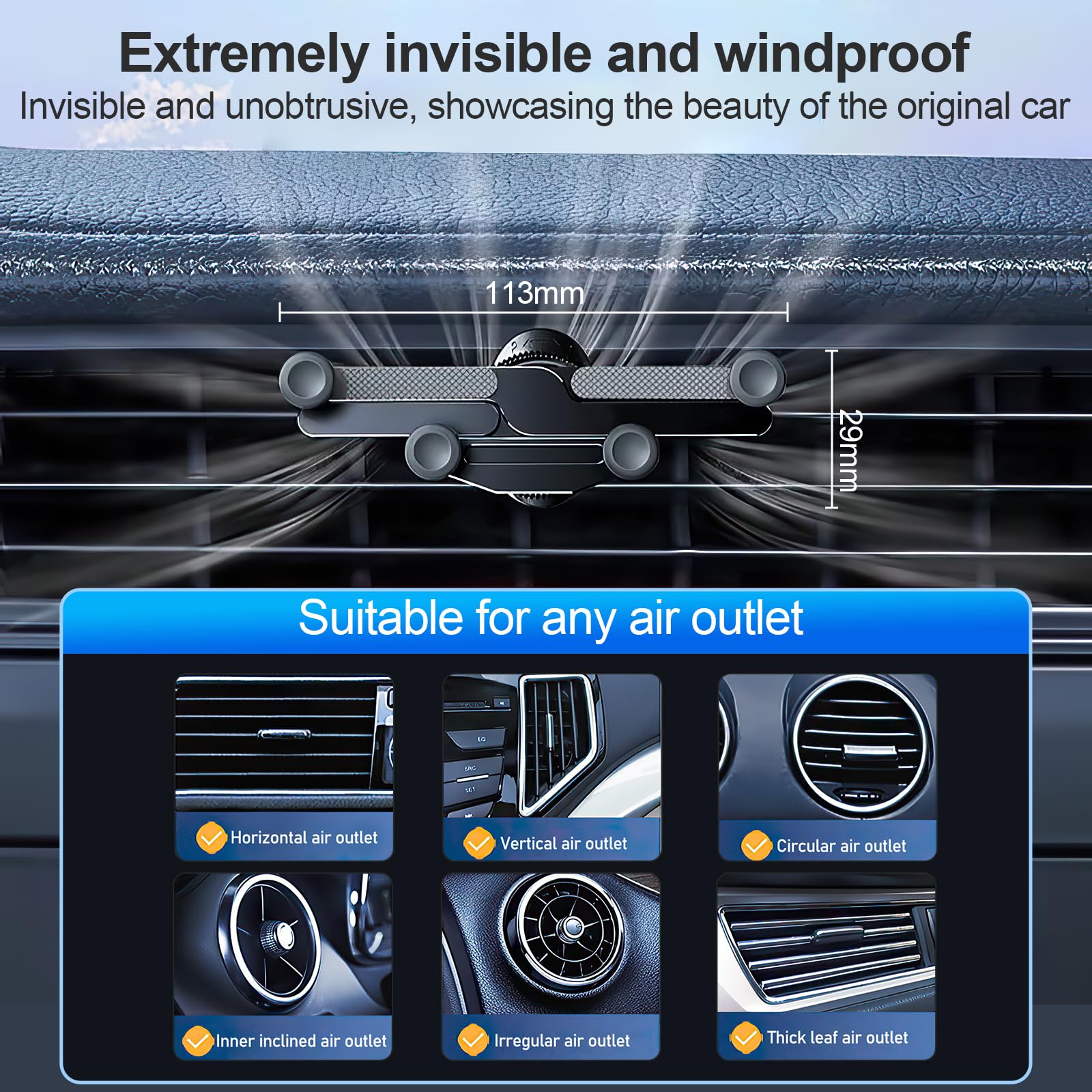 Rednow Car Vent Phone Mount,Invisible Rotatable Air Vent Mount Car Phone Holder 360°Anti-Shake Universal Phone Mount,Car Dashboard & Never Blocking Air Vent Clip Cell Phone Holder for Car (Black)