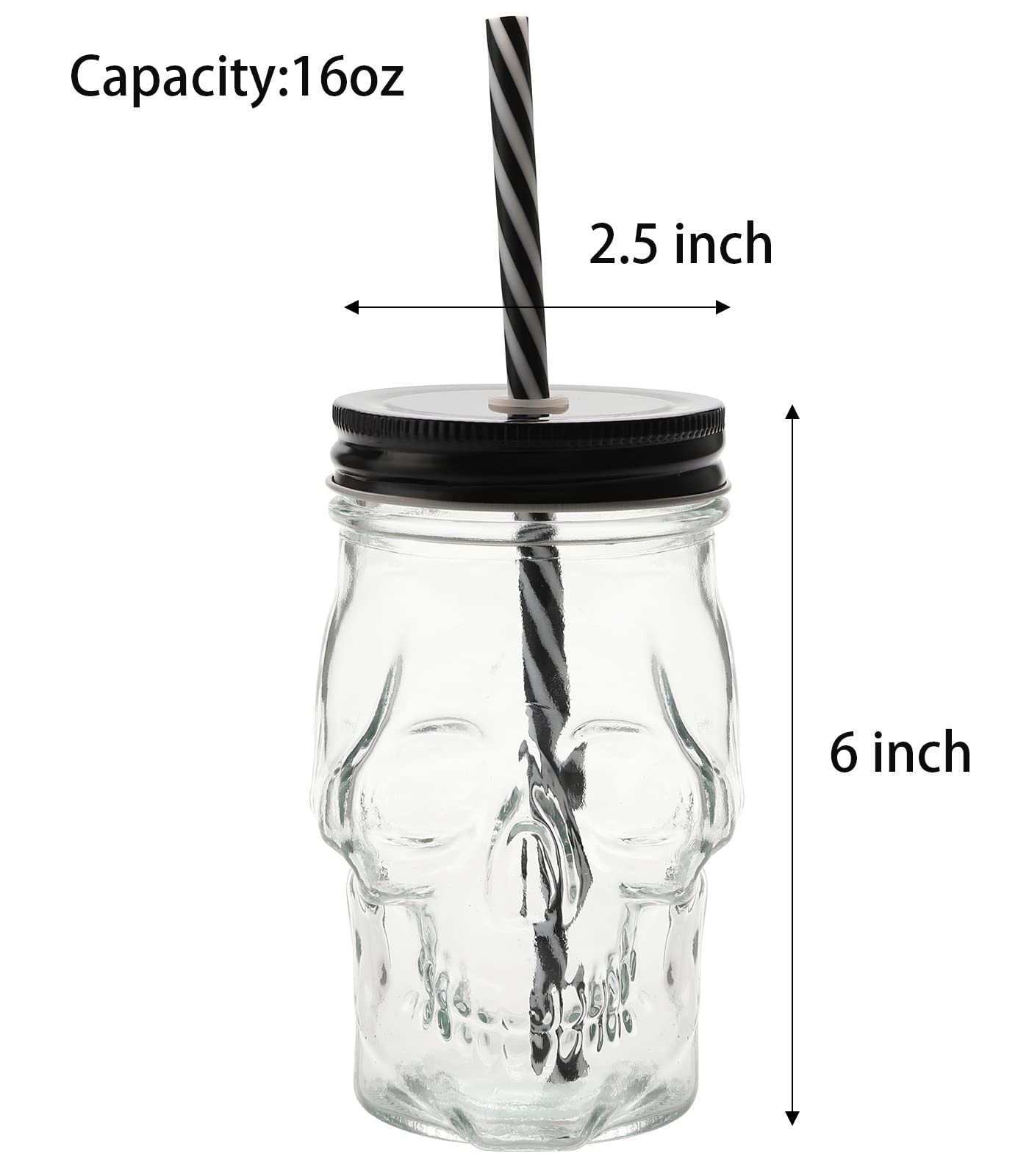TOPZEA 6 Pack Mason Jars Mugs, 16 oz Glass Skull Mason Drinking Mugs Tumbler Cup with Straws Old Fashioned Jar Drinking Glasses Heavy Base for Beverage, Brandy, Liquor, Jello
