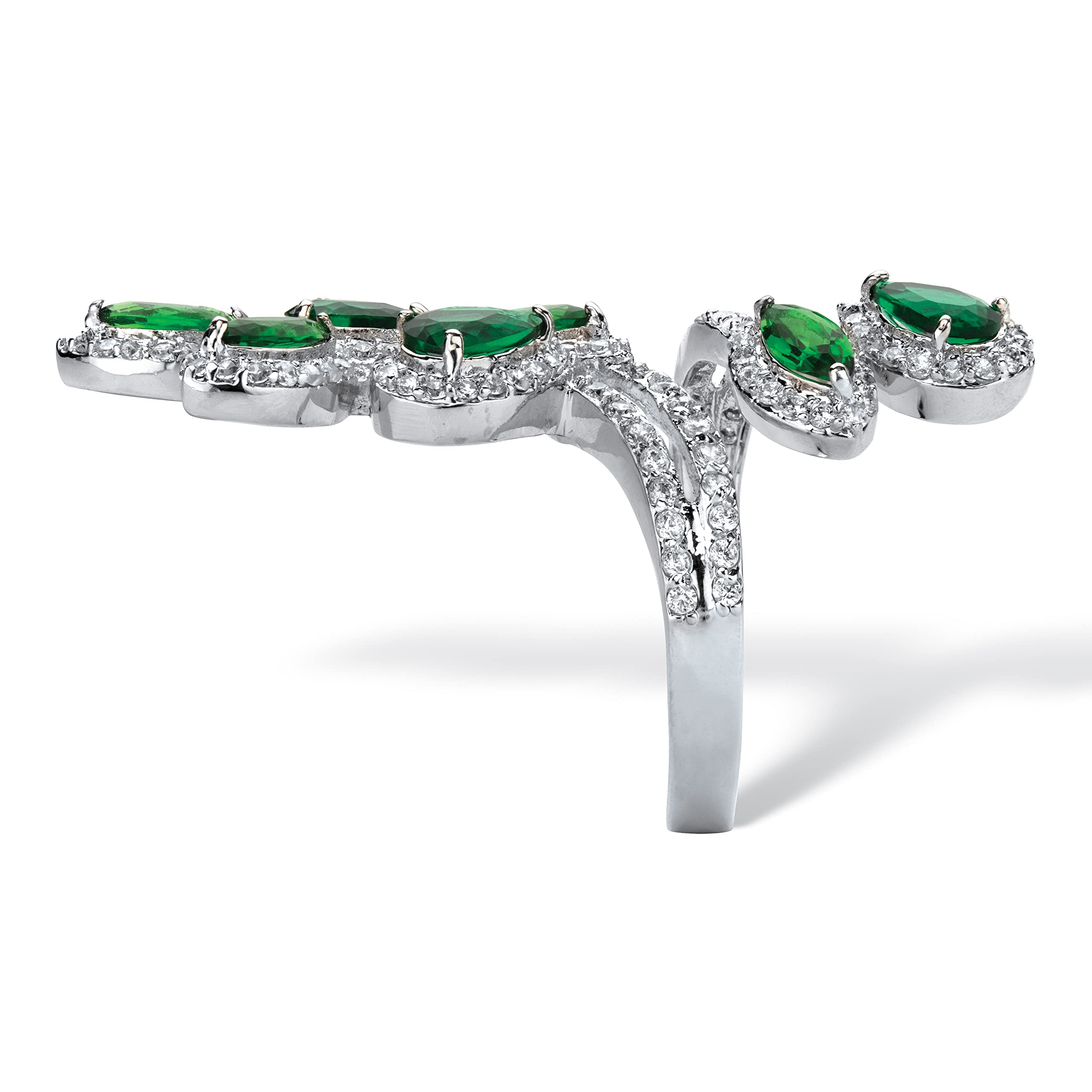 PalmBeach Jewelry Yellow Gold-Plated or Platinum-Plated Pear Cut Simulated Emerald or Cubic Zirconia Halo Leaf Bypass Ring Size 10