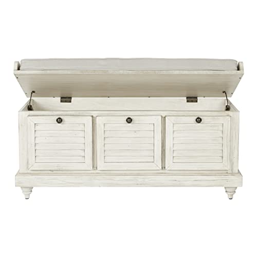 OSP Home Furnishings Dover Coastal Lift-Top Storage Bench with Shutter Face Styling and Cushion, White Wash
