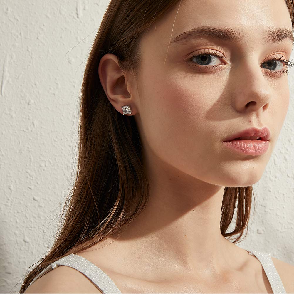 Princess Cut Earrings Square Diamond Silver Earrings Sterling Silver Square Stud Earrings Princess Cut Cubic Zirconia Diamond Stud Earrings Square Stud Earrings for Women Princess Cut Silver Earrings