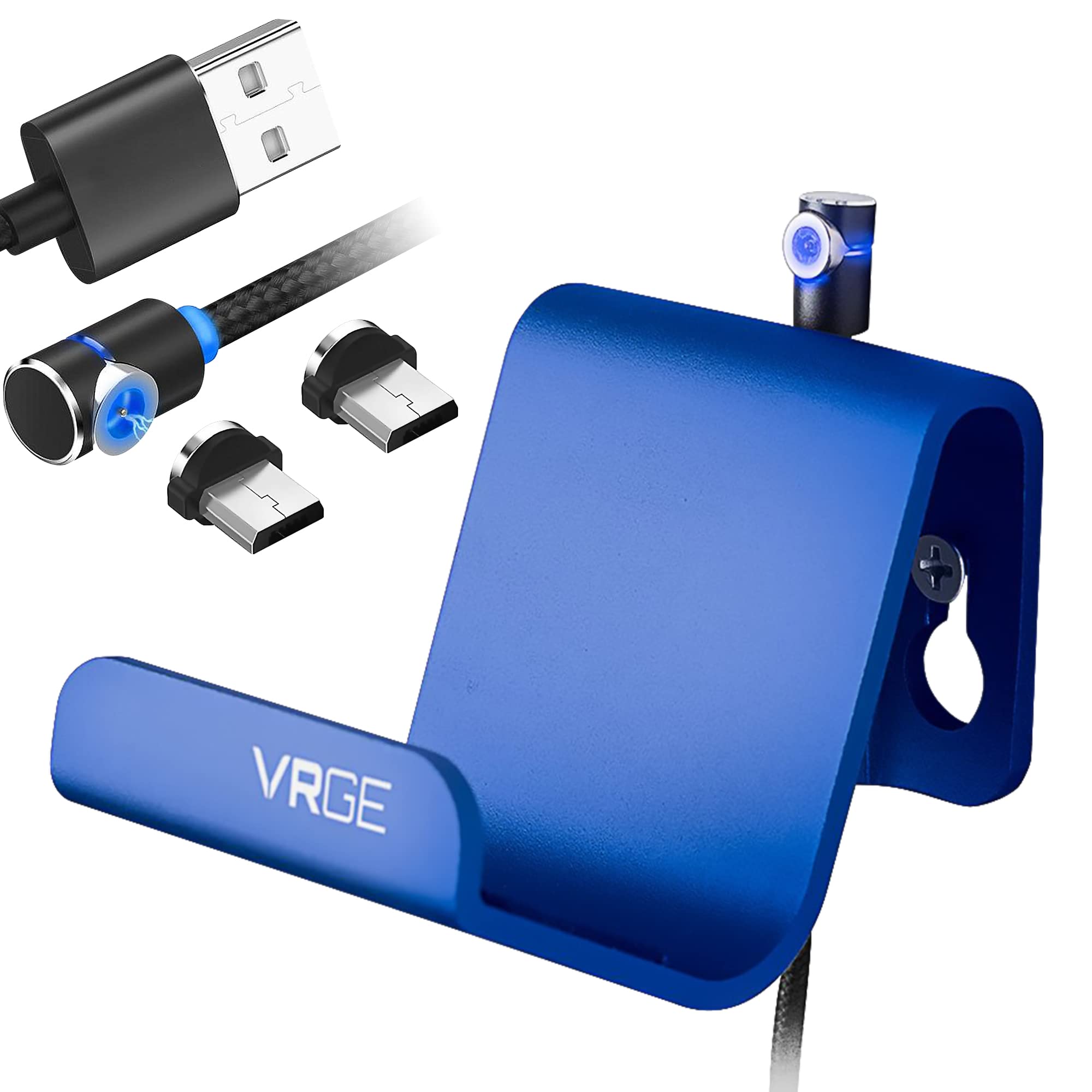 VRGE - Magnetic Game Controller Wall Mount - Premium Anodized Aluminum USB Charging Station Stand and Charger Cable Cord Holder Mount For Sony PlayStation 5 4 Xbox Headphones - Blue Anodized