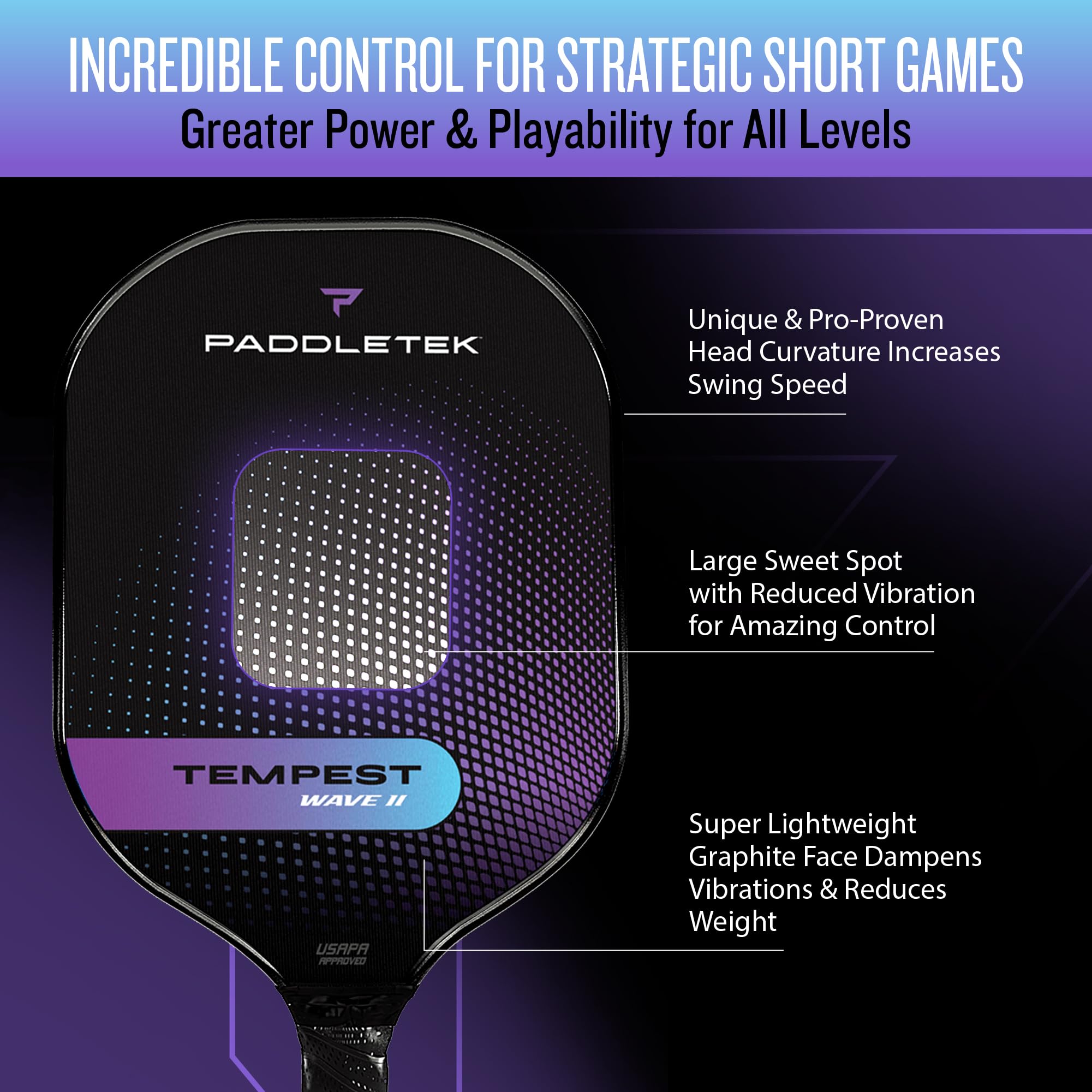 Paddletek Tempest Wave II Pickleball Paddle | Professional Pickleball Paddles with Honeycomb Core, Carbon Fiber Surface, Graphite PolyCore & High Tack Performance Grip | USAPA Approved