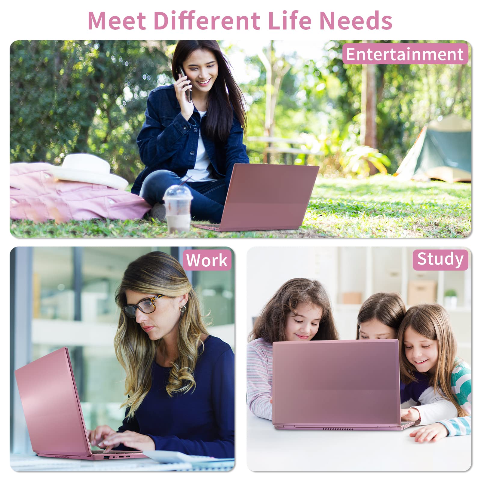 SERYUB 14 Inch Pink Laptop,8GB RAM 512GB SSD Windows 11 Laptops,1920x1200 Pixels,Intel Celeron J4105 Notebook PC (up to 2.5ghz),Dual Wi-Fi, 2xUSB 3.0,Type-C,Full Size Keyboard Computer