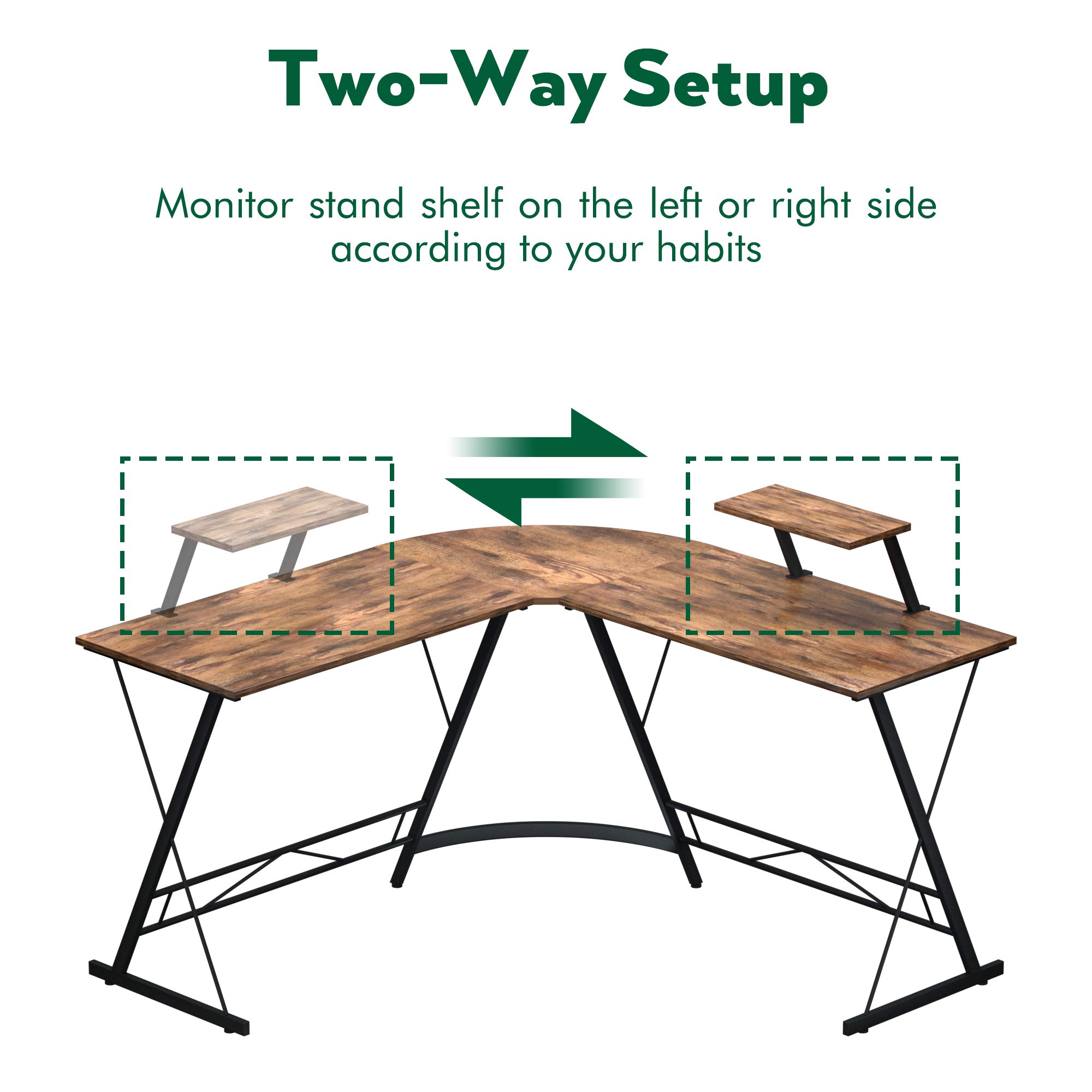 OTK L Shaped Desk with Round Corner, 51" L Shaped Gaming Desk, Corner Computer Desk Table with Large Monitor Stand for Home Office, Sturdy Writing Workstation, Relic