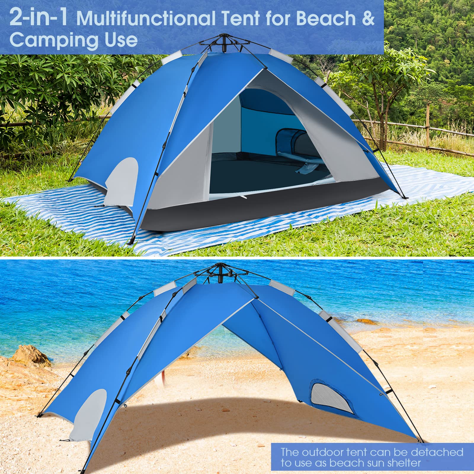 Tangkula 4 Person Pop up Camping Tent, 2-in-1 Portable Backpacking Tent with Removable Rainfly, Carry Bag, 2 Mesh Windows, 2 Doors, Family Dome Tent for Camping Hiking Mountaineering