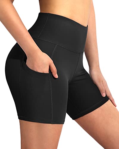 OMANTIC Women's High Waisted Yoga Biker Shorts 5" Compression Athletic Workout Running Shorts with Side Pockets (Black, S)