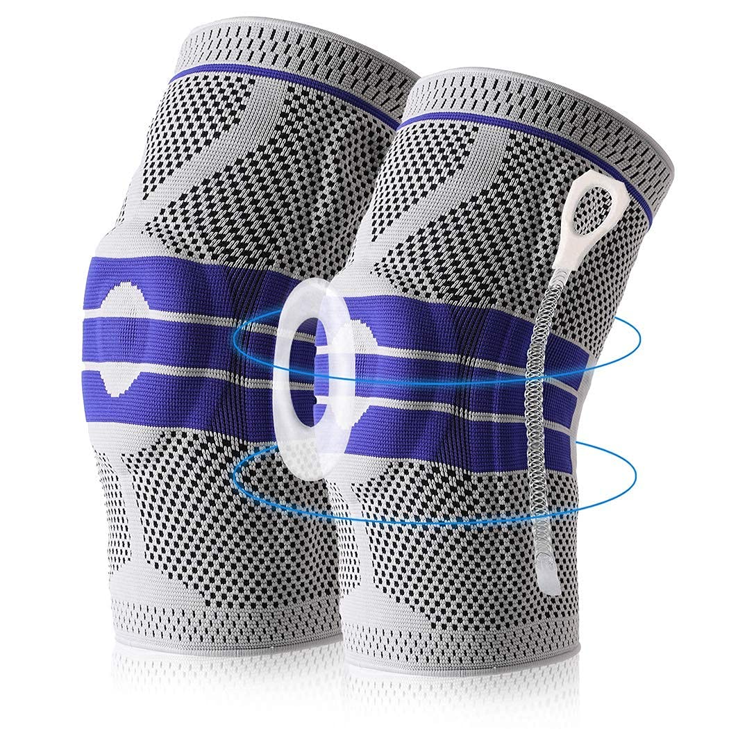 Topallnice 2 Pack Knee Brace Compression Sleeve, Elastic Knee Wraps Patella Stabilizer with Silicone Gel & Spring Support, Hinged Kneepads Protector Meniscus Tear Arthritis Running Men Women, Gray