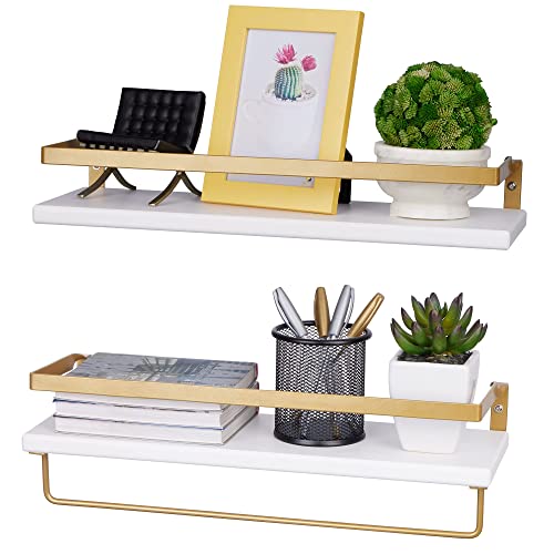 Peter's Goods Modern Floating Shelves with Rail, Modern Brass Finish, Set of 2 Shelves - Wall Mounted Bathroom Wall Shelves with Towel Bar - Also Perfect for Bedroom Decor and Kitchen Storage