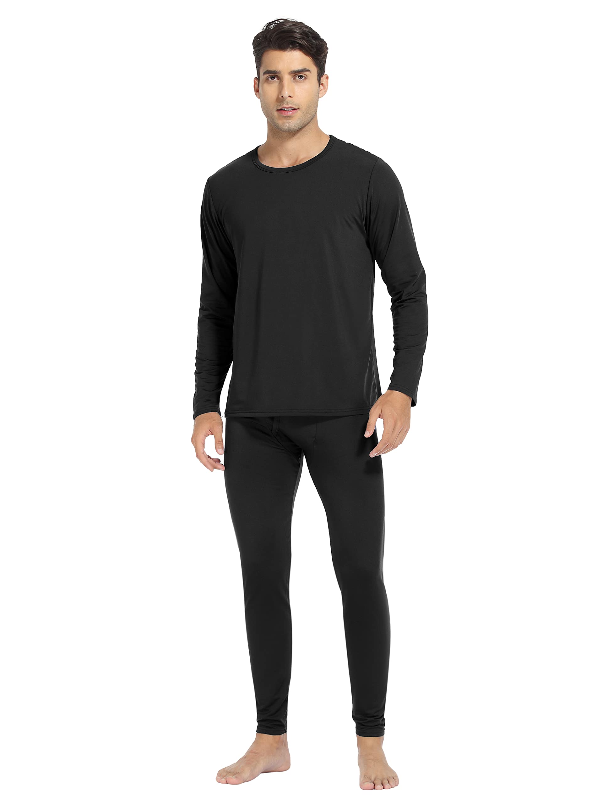 URATOT 2 Sets Men's Thermal Underwear Set Fleece Lined Thermal Underwear Soft Long Johns Top Bottom Set for Men Cold Winter Black
