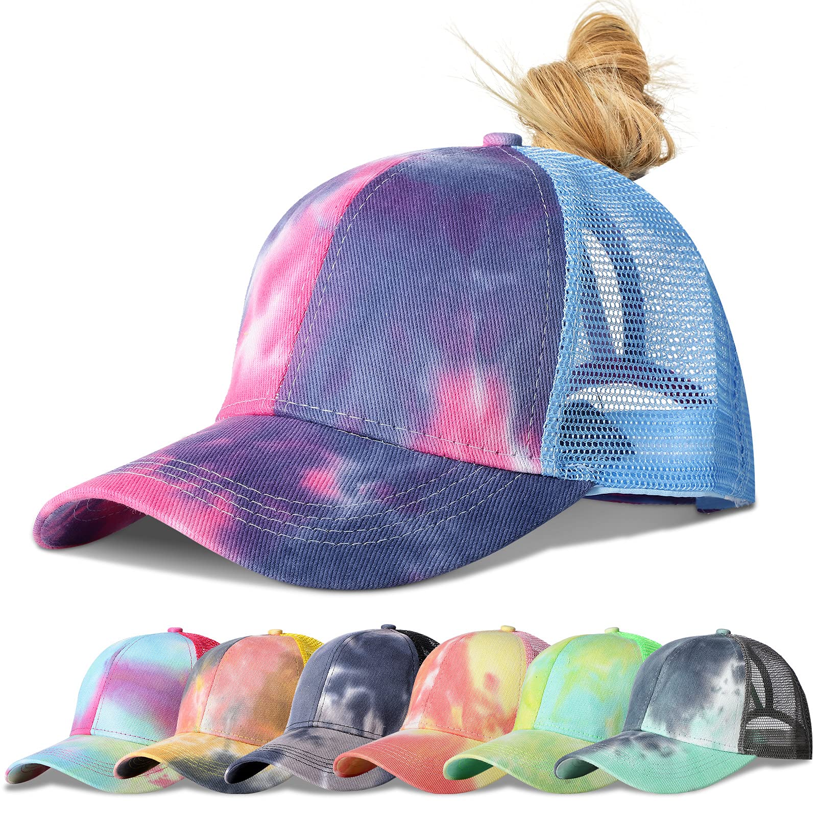 SATINIOR 7 Pieces Tie Dye Ponytail Cap Messy Buns Baseball Cap Ponytail Adjustable Mesh Trucker Baseball Cap Distressed Ponytail Trucker Ponycap Dad Trucker Mesh Hat 7 Colors,One Size