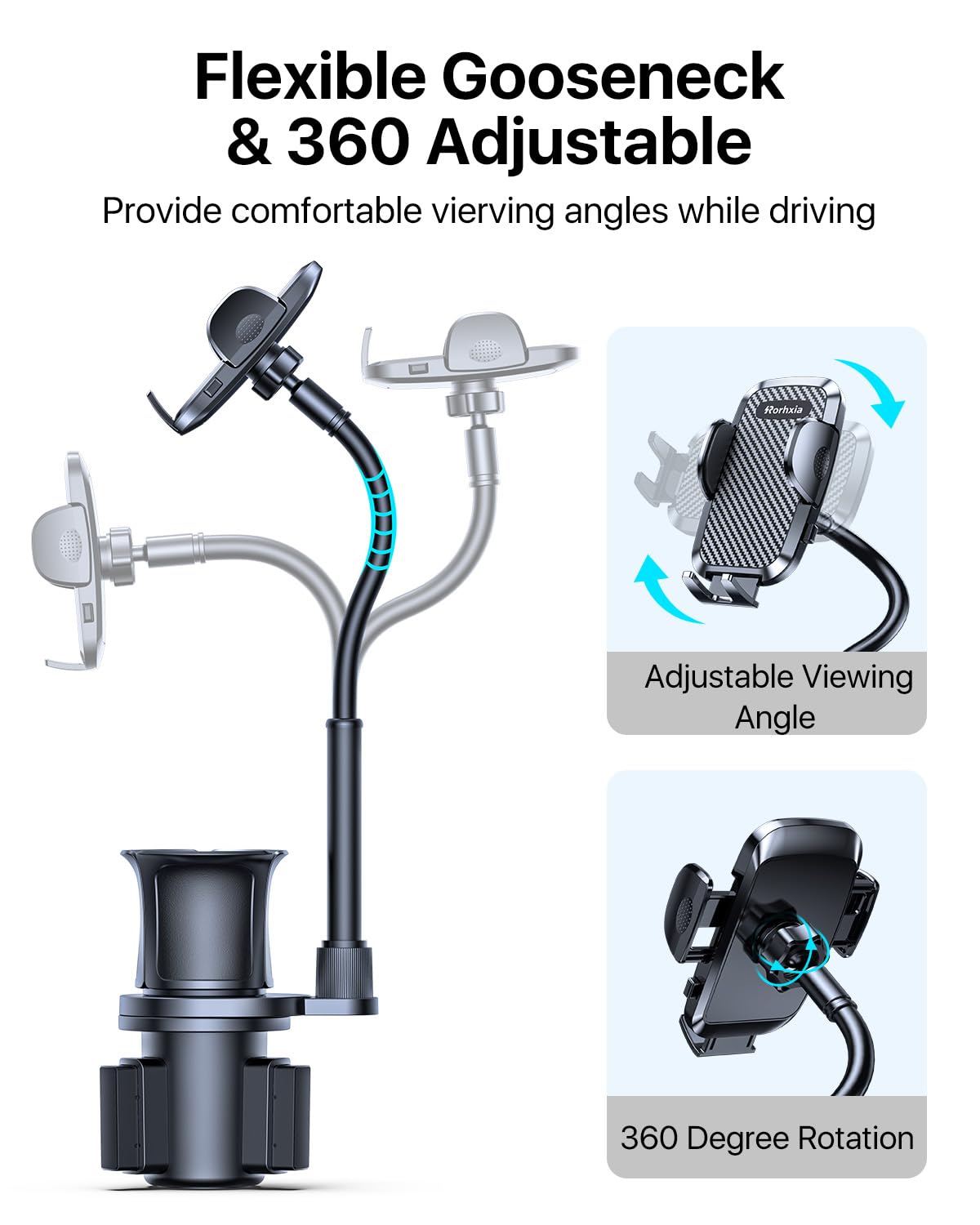 Rorhxia 15inch Cup Holder Phone Mount with Cup Expander [Enjoy Convenience and Flexibility] Drink Cup Phone Holder for Car/Truck/SUV, Adjustable Long Neck Compatible with iPhone, Samsung