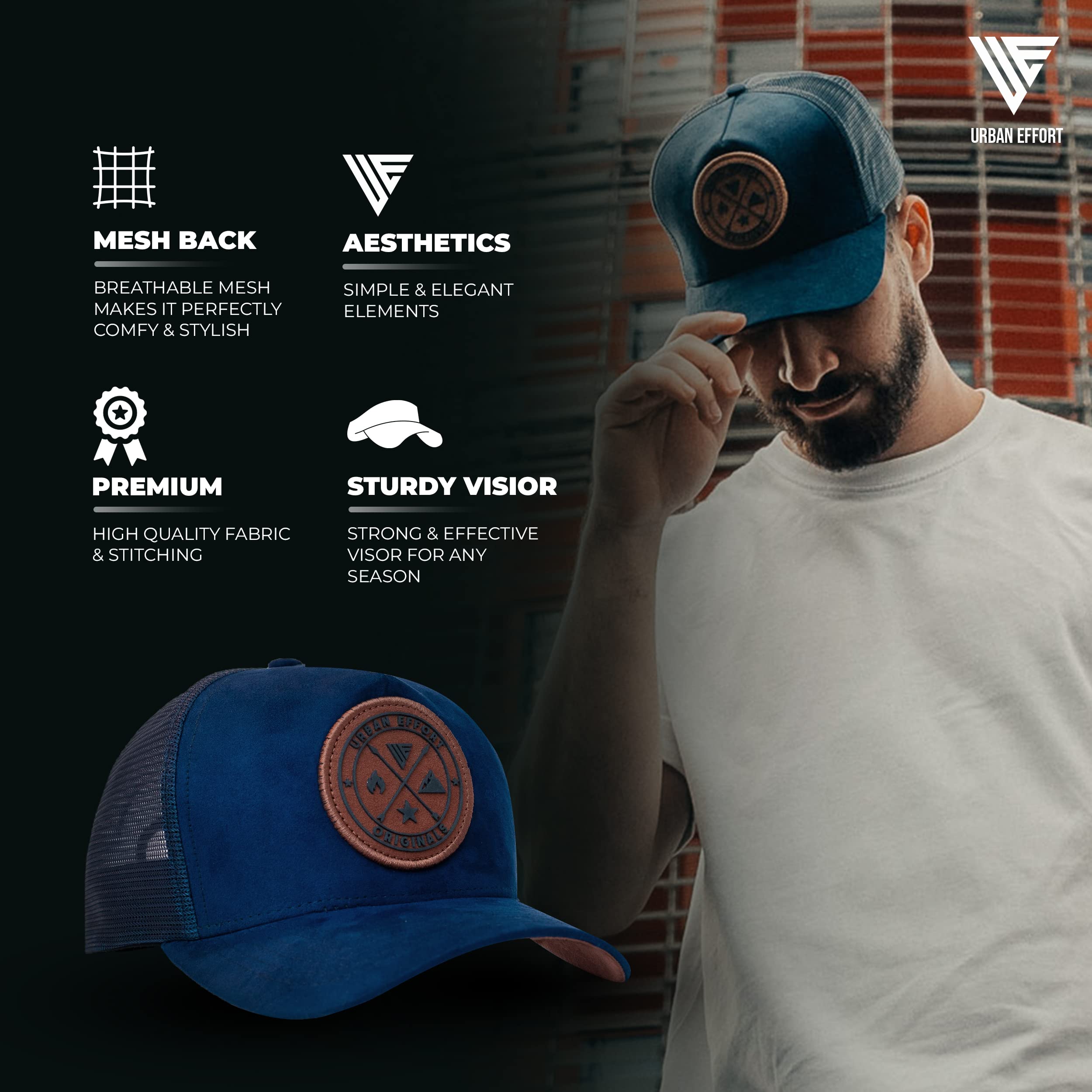Urban Effort Mesh Back Cap - for Men and Women Baseball Hat 5-Panel Trucker Hat - Great Snapback Closure for Hunting & Hiking (Blue)
