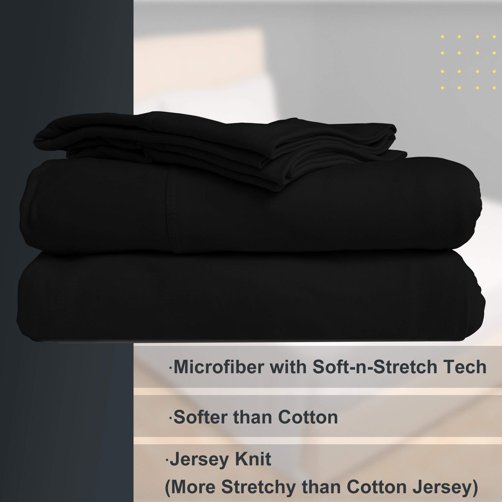 N&Y HOME Stretch Sheets Set Full Size - Microfiber Jersey Knit & T-Shirt Like Extra Soft, 4 Way Stretchy Bed Sheets to Fit Most Mattress, Wrinkle Resistant - 4 Piece Sets, Black, Full/Full XL