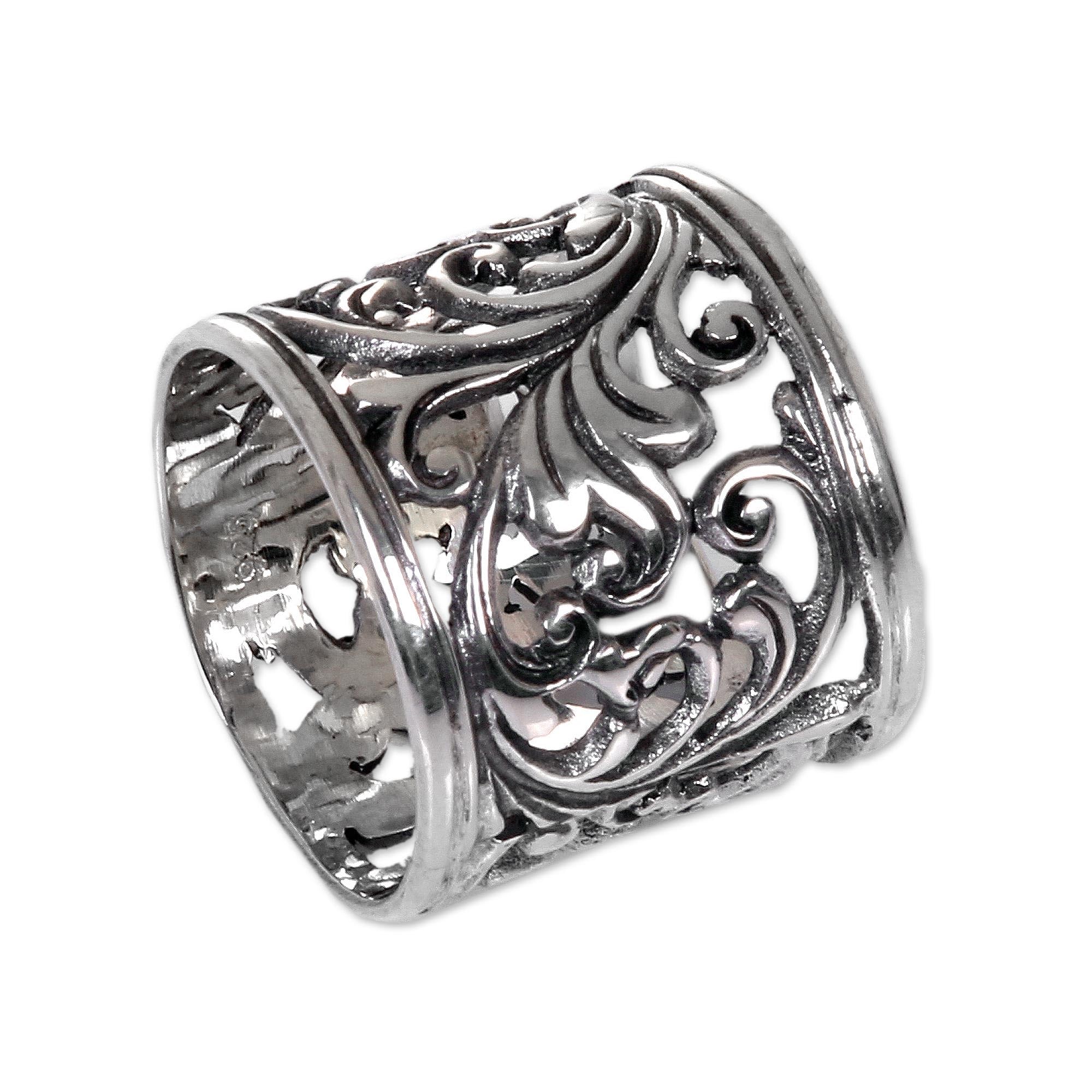 NOVICA Artisan Handcrafted Sterling Silver Band Ring Balinese Women's Wide No Stone Indonesia Leaf Tree Bohemian [band Width 18 mm W] ' Tropical Rain Forest'