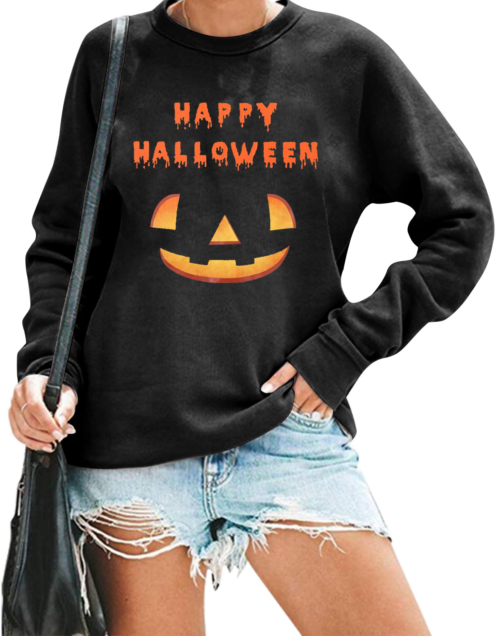UNIQUEONE Happy Halloween Sweatshirt For Women Pumpkin Face Top Long Sleeve Shirt Crewneck Pullover Black