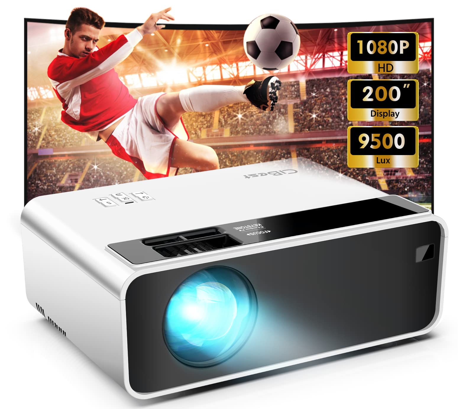 Projector, CiBest 1080P HD Mini Projector Outdoor, 2023 Upgraded 9500L Full HD Portable Projector, Small Home Movie Projector 200" Supported, Compatible with HDMI/USB/VGA/AV/Phone/TV Box