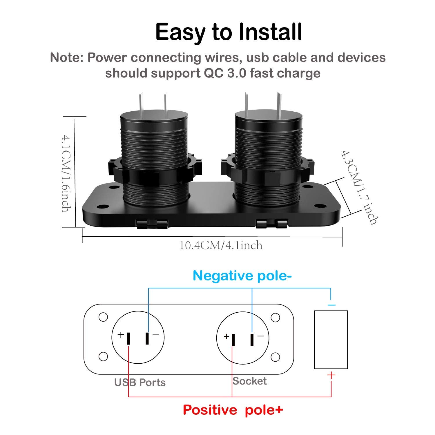 QC 3.0 USB Outlet 12V Boat Marine Waterproof Cigarette Lighter Socket Splitter 12 Volt DC Power Charger Adapter DIY Kit with Blue LED Dual USB Ports for Rocker Switch Panel on Car RV Golf Cart ATV