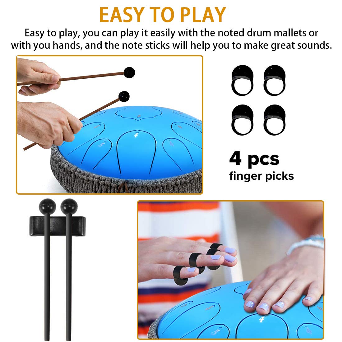 Steel Tongue Drum, 15 Notes 13 Inches Percussion Instrument D-Key Handpan Drum (Navy Blue)
