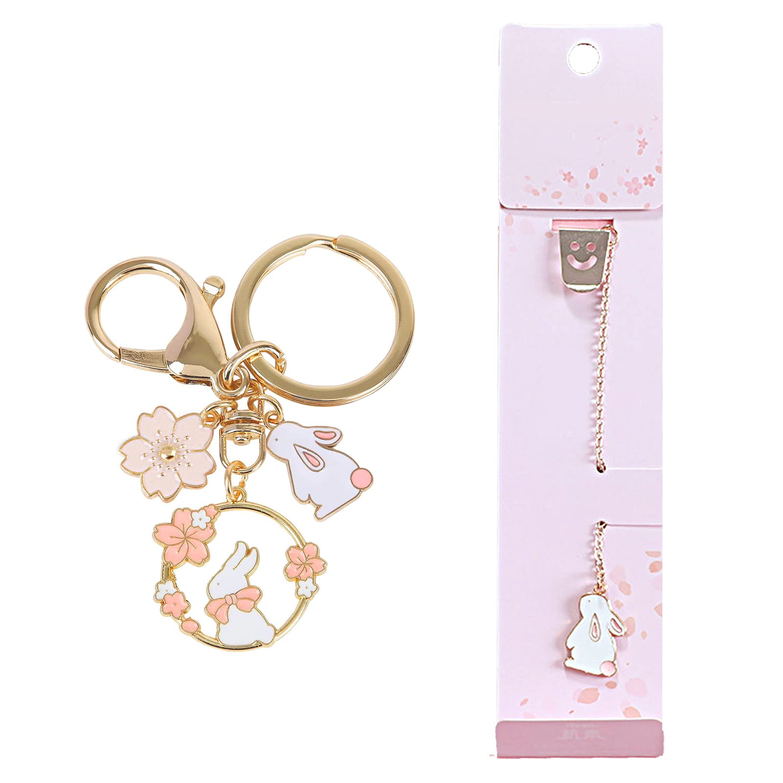 VUKWOO Cute Bunny Keychain and Metal Rabbit Bookmark,Kawaii Keychain with Rabbit and Cherry Blossom,Bunny Charm for Backpack/Keychain/Wallet/Purse