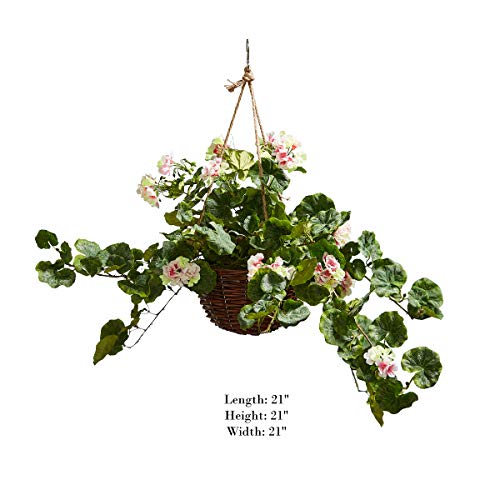 Pure Garden Faux Flowers - Light Pink Geranium Hanging Natural and Lifelike Floral Arrangement with Basket for Home or Office