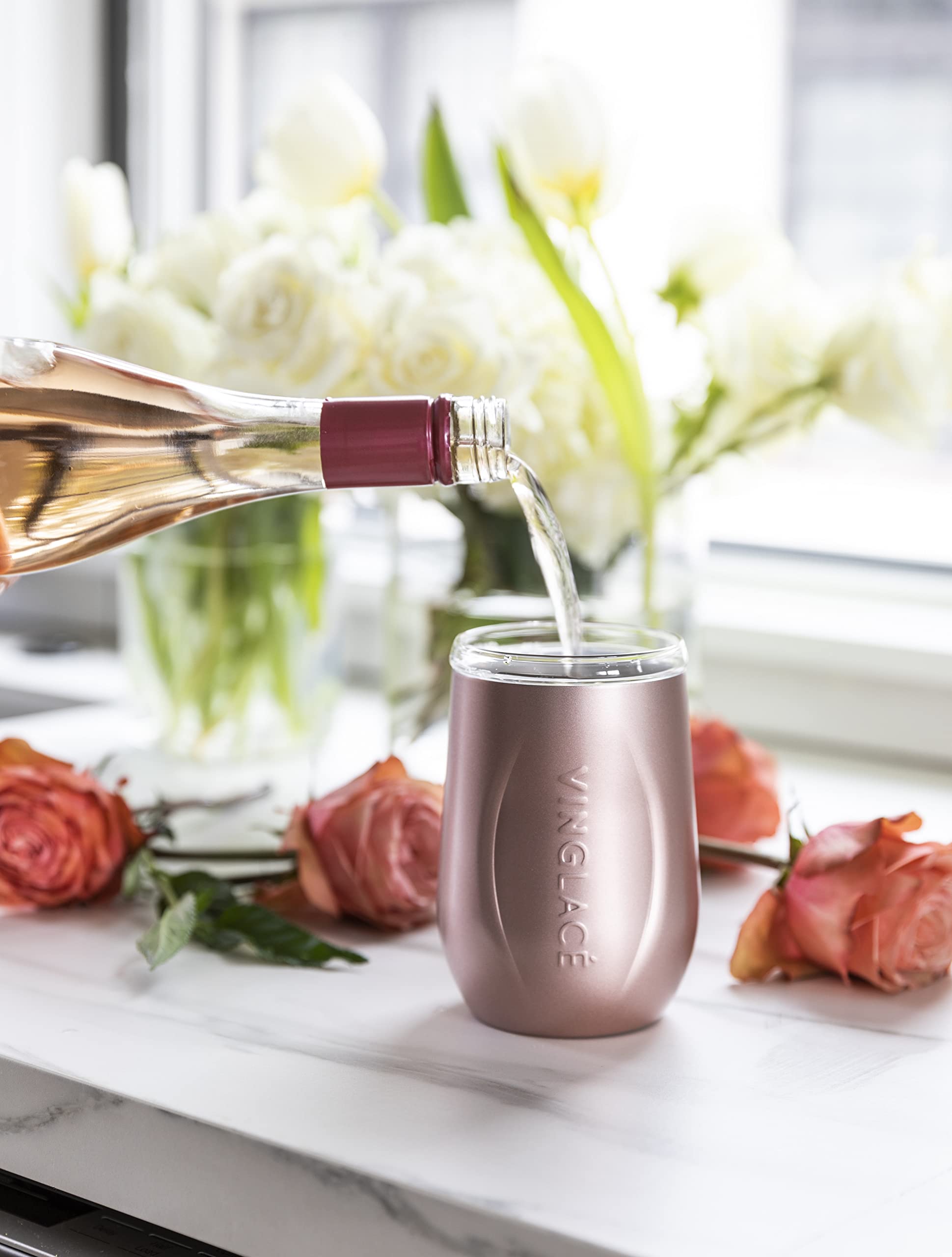 Vinglacé Stainless Steel Stemless Wine Glass- Insulated Wine Tumbler with Glass Insert and Sip Lid, 10 oz, Rose Gold