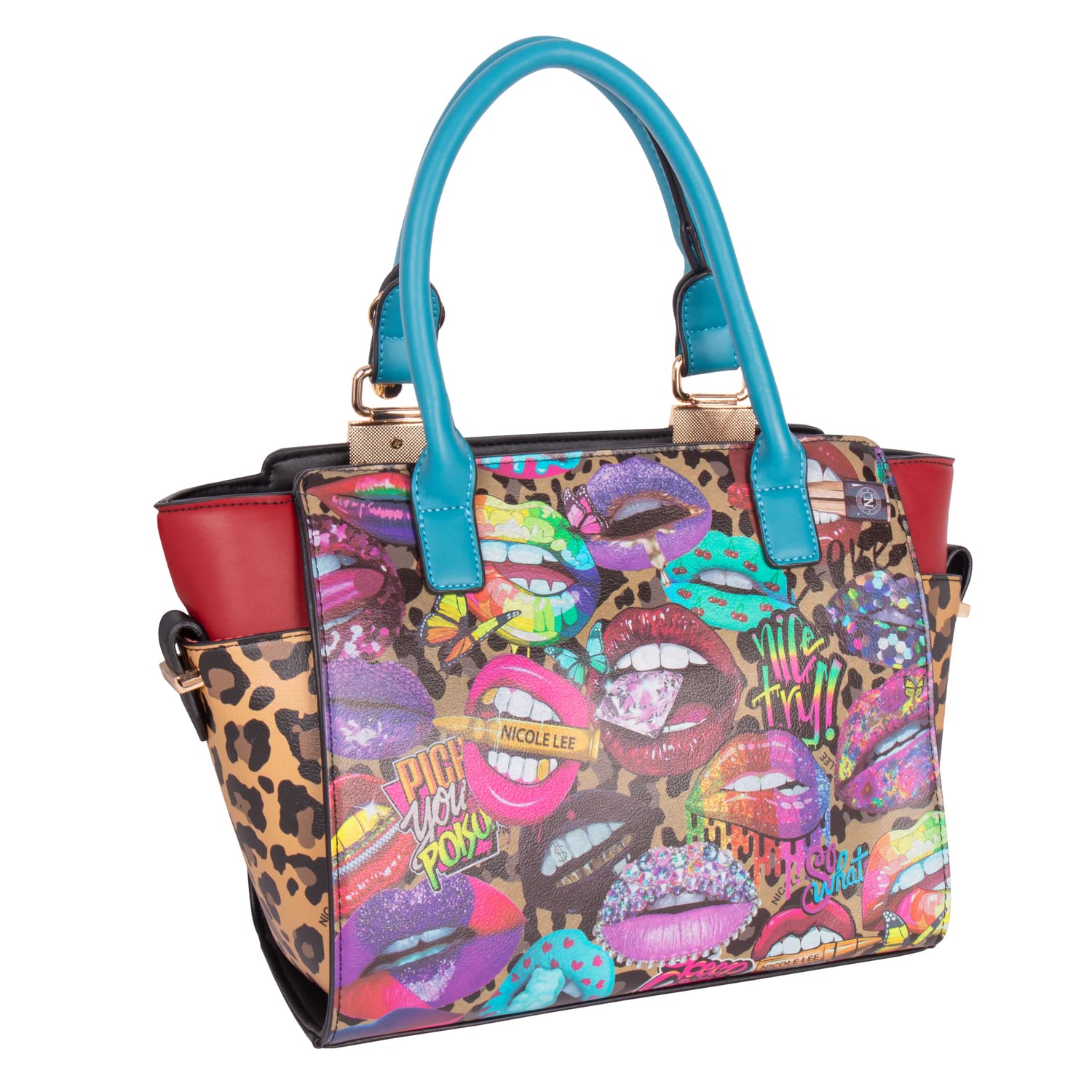 Nicole Lee All Emotion 2 Piece Small Satchel with Zip Pouch, Leopard Lips Embellished Vegan Leather Handbag, Iridescent